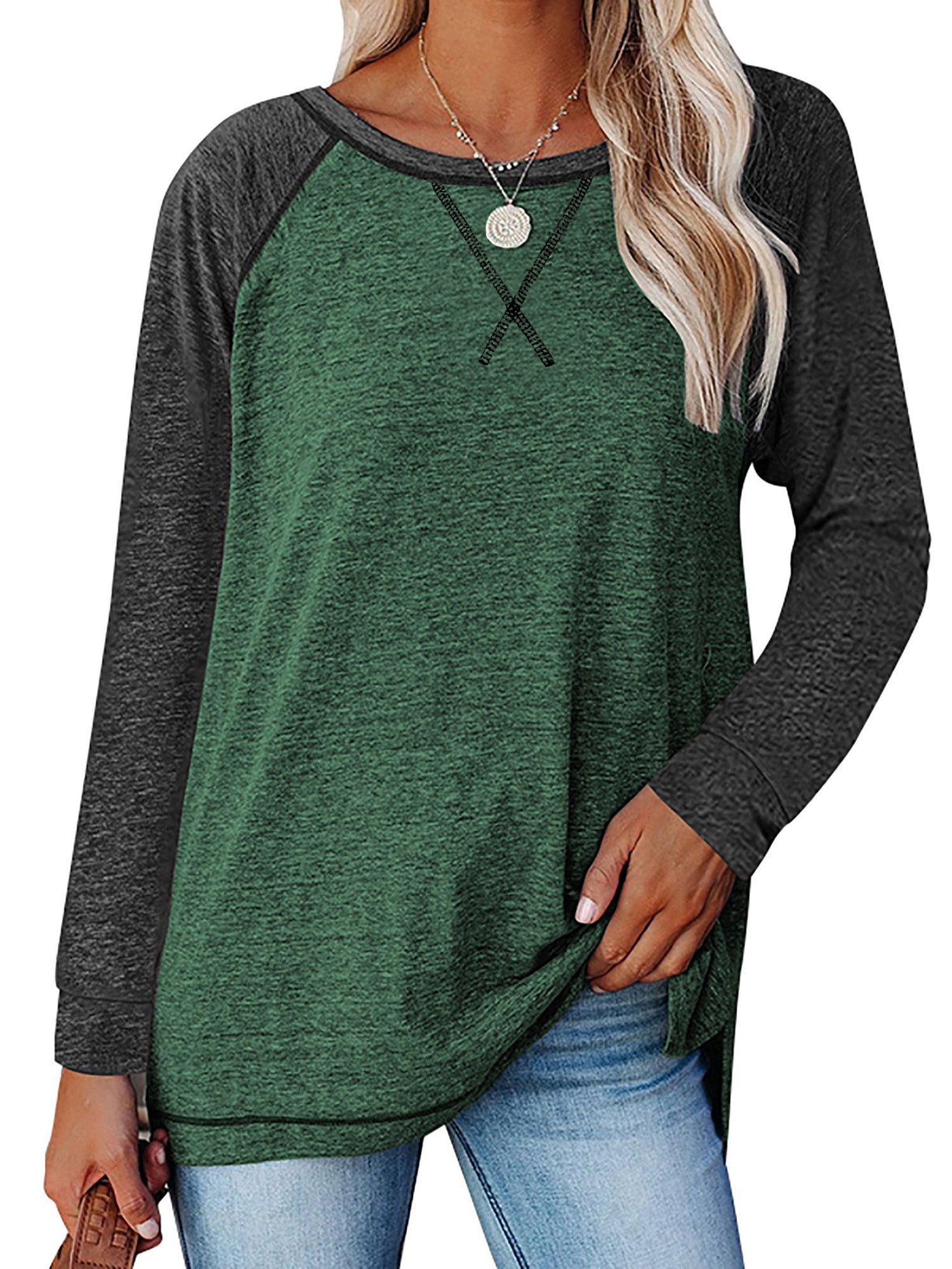 SHIBEVER Fall Fashion Color Blocked Long Sleeve Crew Neck Cross Split ...