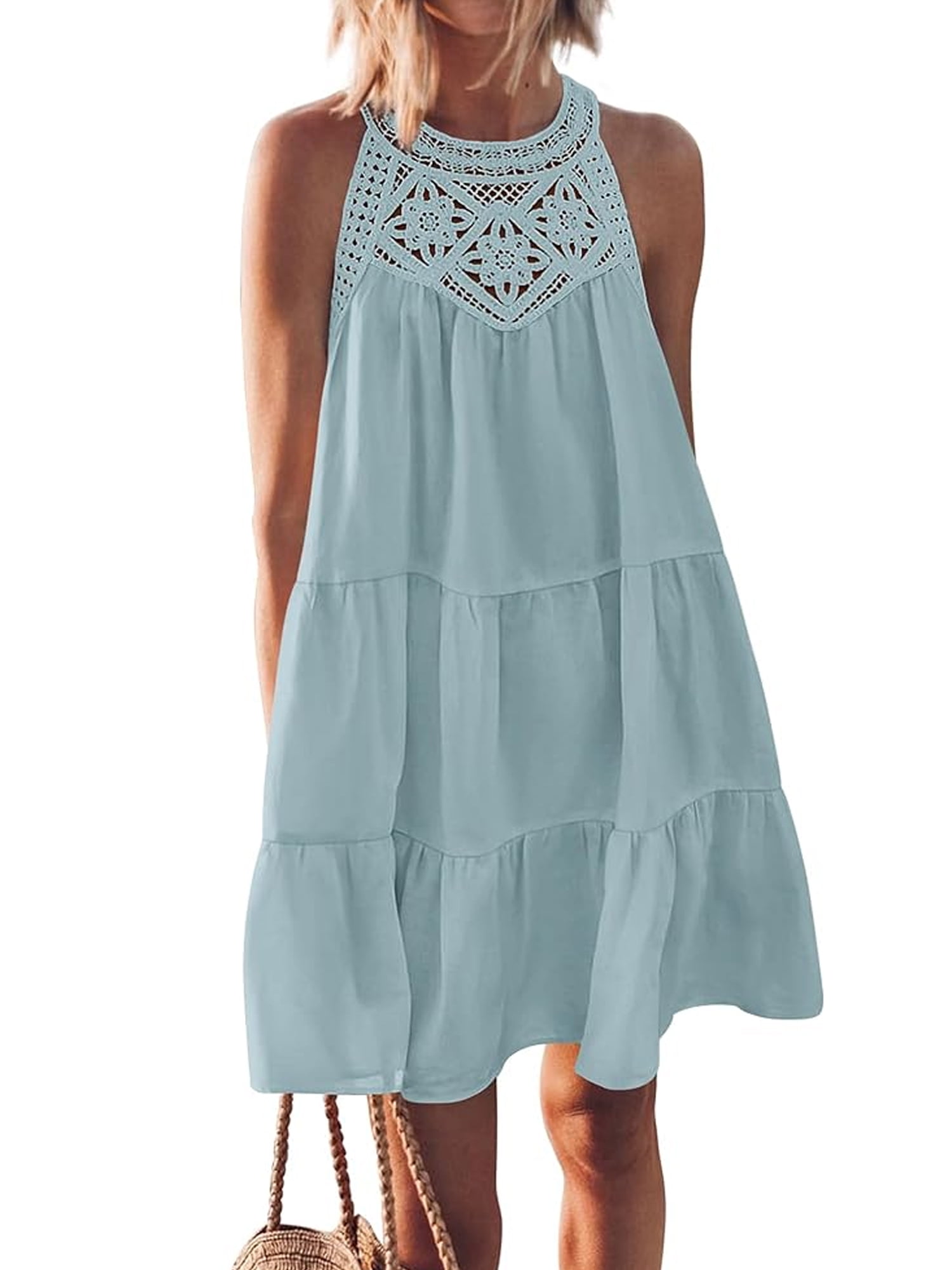 SHIBEVER Halter Dresses for Women Summer Sleeveless A-Line Tiered Swing ...