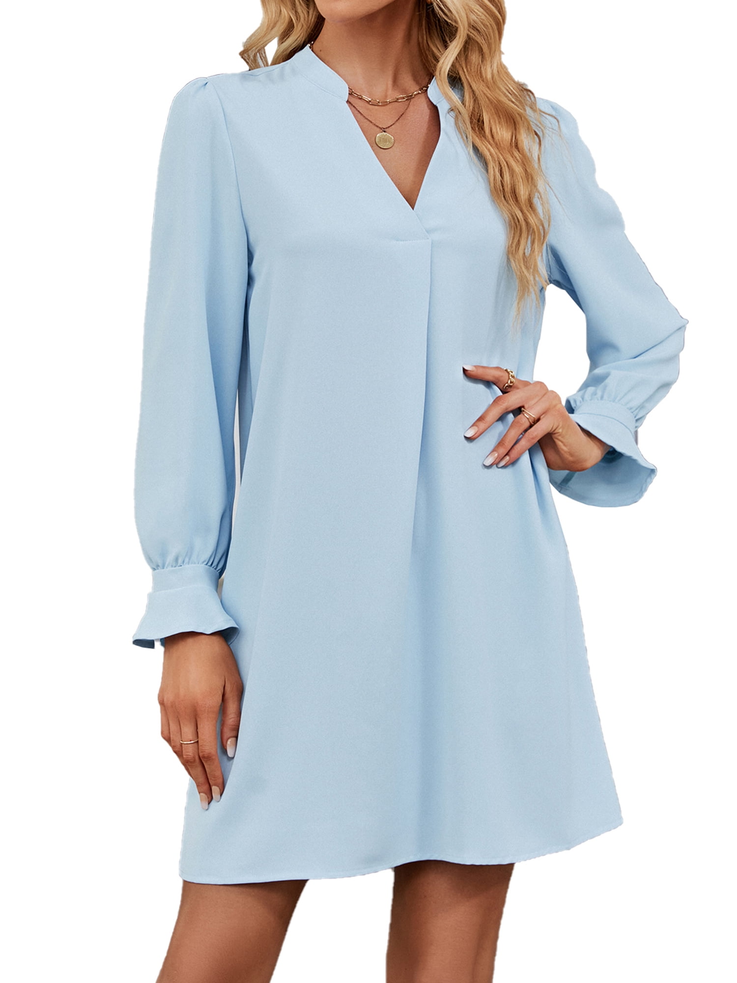 SHIBEVER Long Sleeve Dress for Women V Neck Comfy Shirt Dress Trendy ...