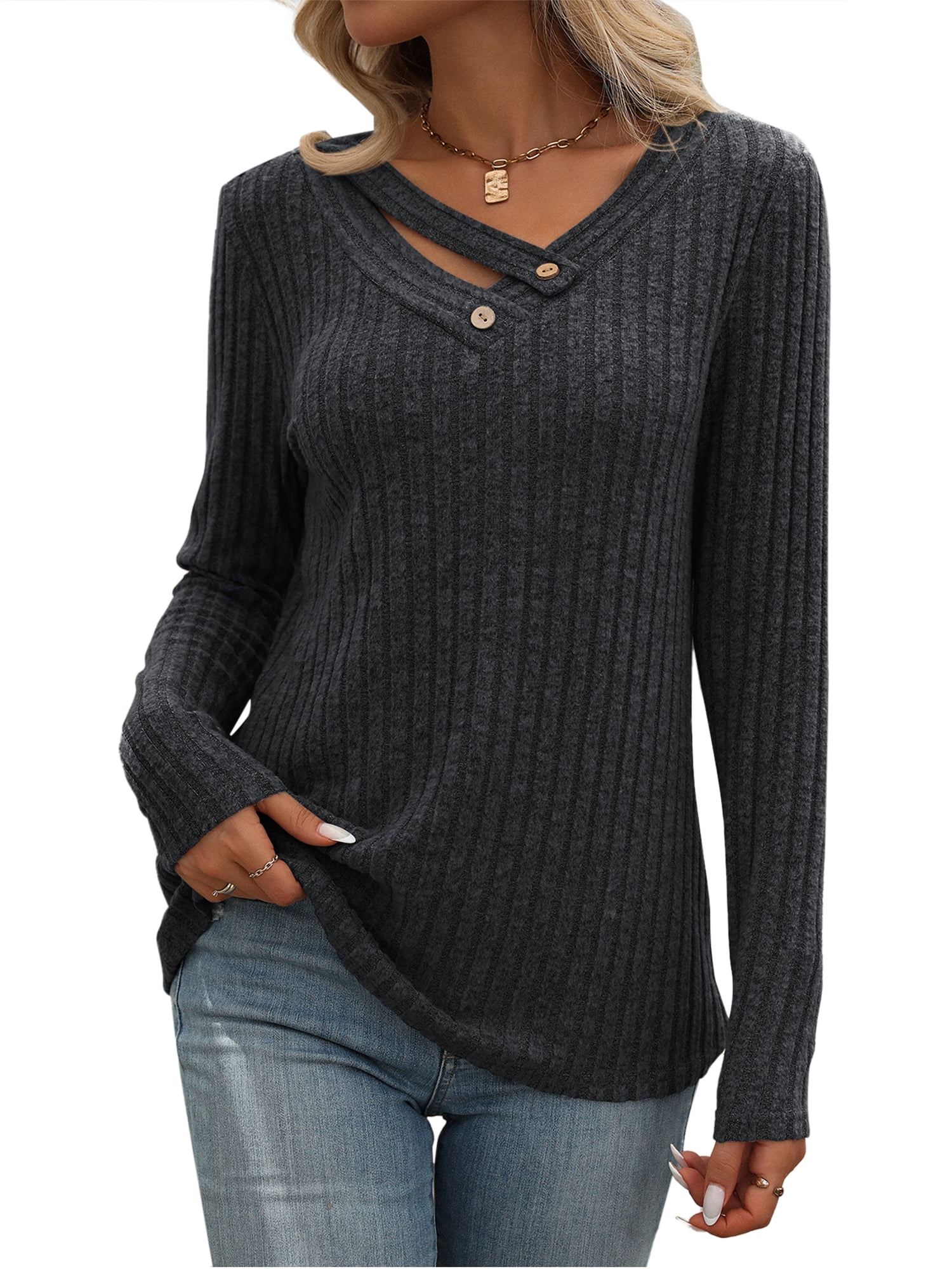 SHIBEVER Long Sleeve Shirts for Women V Neck Tunic Knit Tops Fall Loose ...