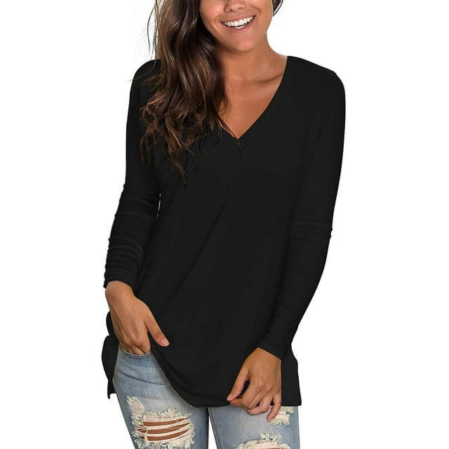 SHIBEVER Women's Soft Long Sleeve V Neck Tunic Tops, Casual Loose Fit, Comfortable Workout Fall ...