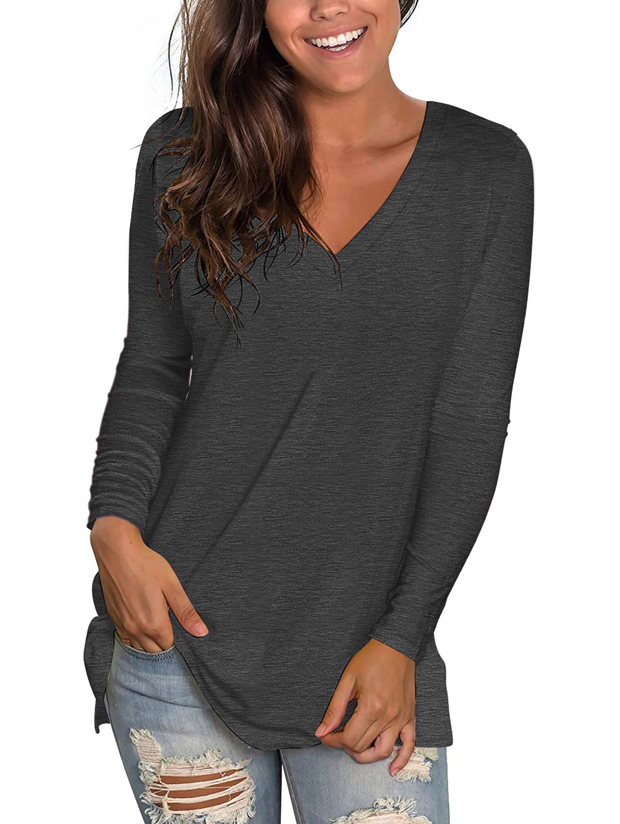 SHIBEVER Women's V Neck Long Sleeve Tunic Tops, Casual Loose Fit ...