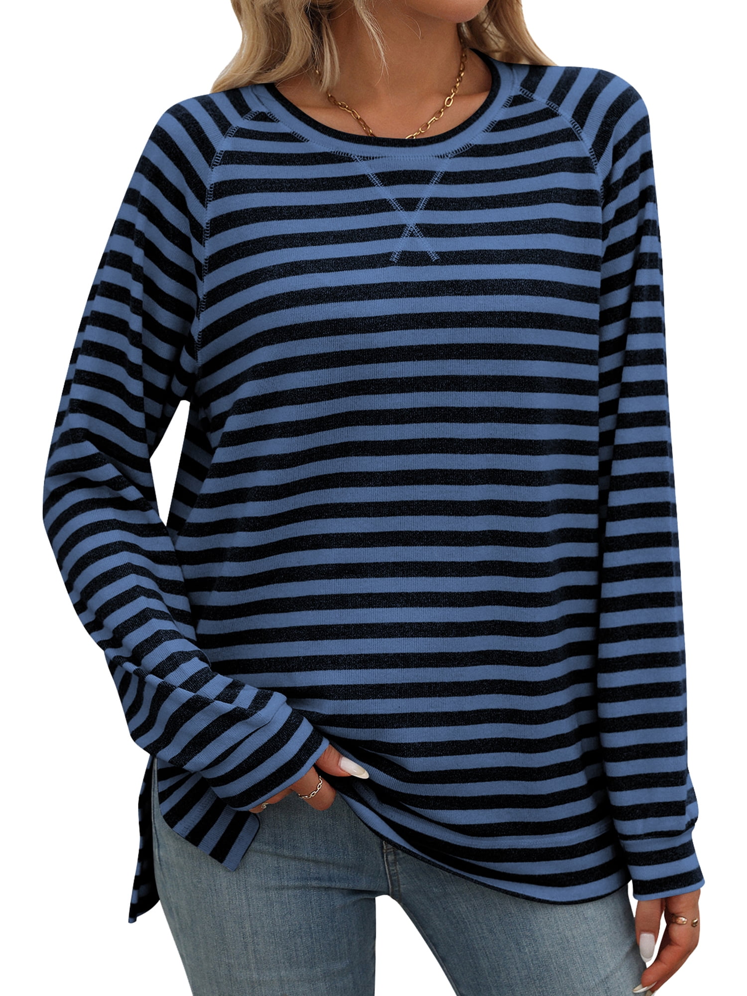 SHIBEVER Long Sleeve Tops for Women Fall Side Slit Tunic Blouses Stripe ...