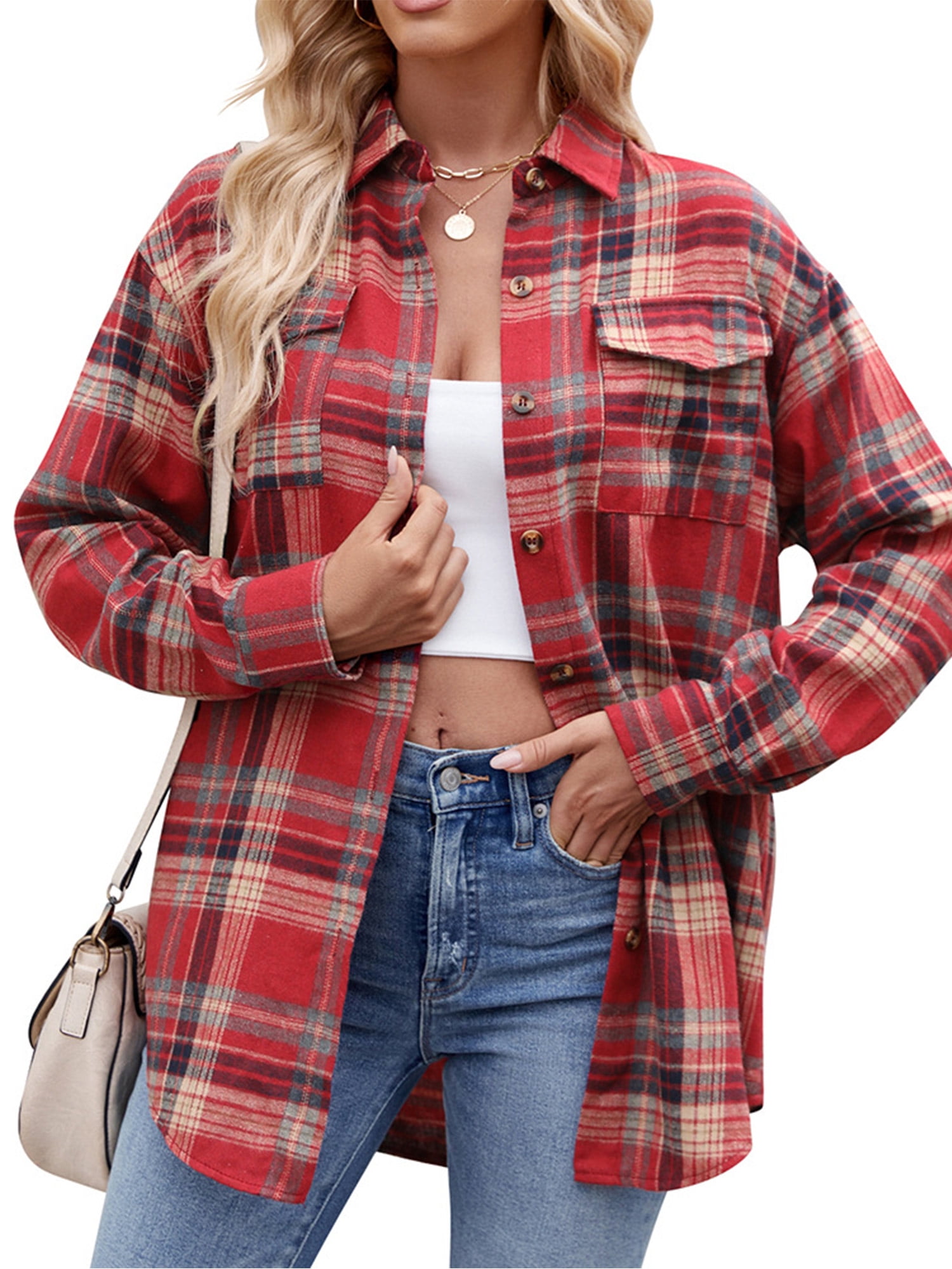 SHIBEVER Plaid Flannel Shirts for Women Long Sleeve Button Down Shirts ...