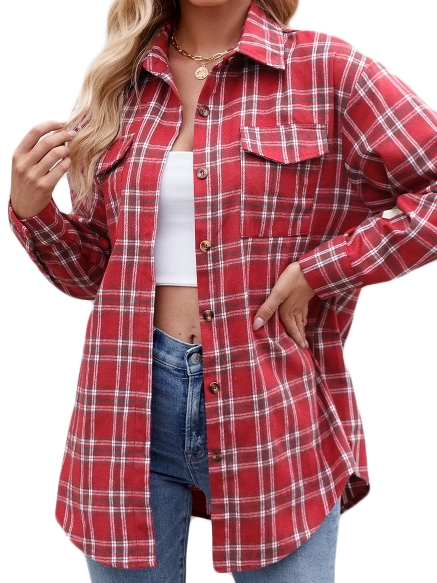 SHIBEVER Plaid Flannel Shirts for Women Long Sleeve Button Down Shirts ...