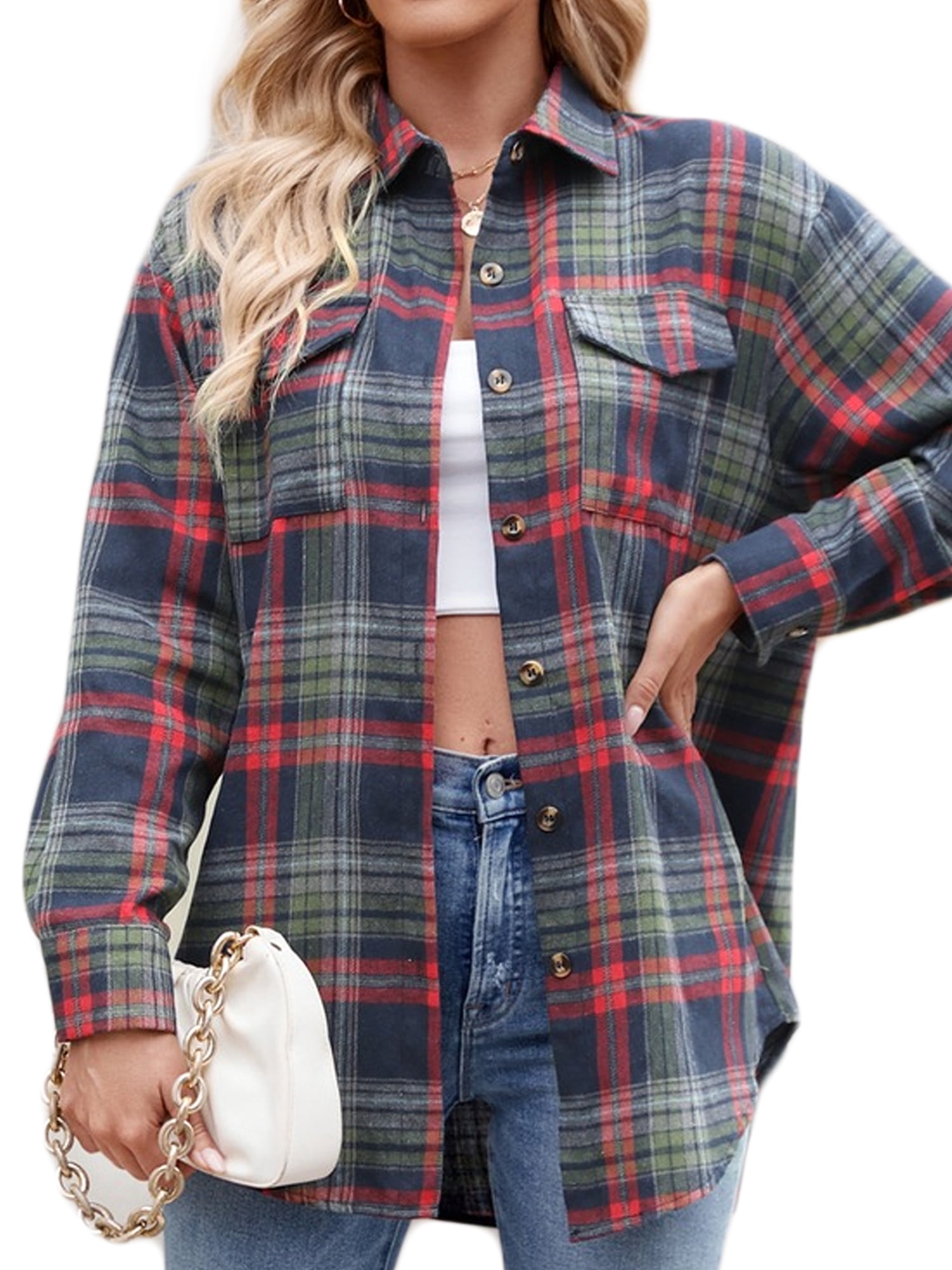 SHIBEVER Plaid Flannel Shirts for Women Long Sleeve Button Down Shirts ...