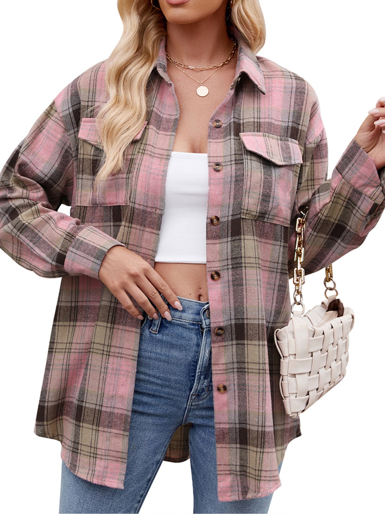 SHIBEVER Womens Blouses Flannel Plaid Shirts Long Sleeve Tops Button ...