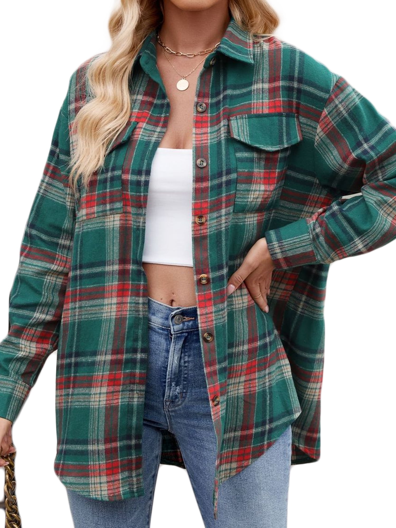 SHIBEVER Womens Plaid Shirts Flannel Blouses Long Sleeve Tops Button ...