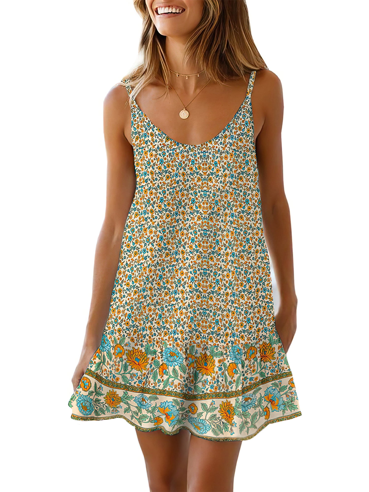 SHIBEVER Women's Summer Boho Floral Mini Dress, Sleeveless, Beach ...