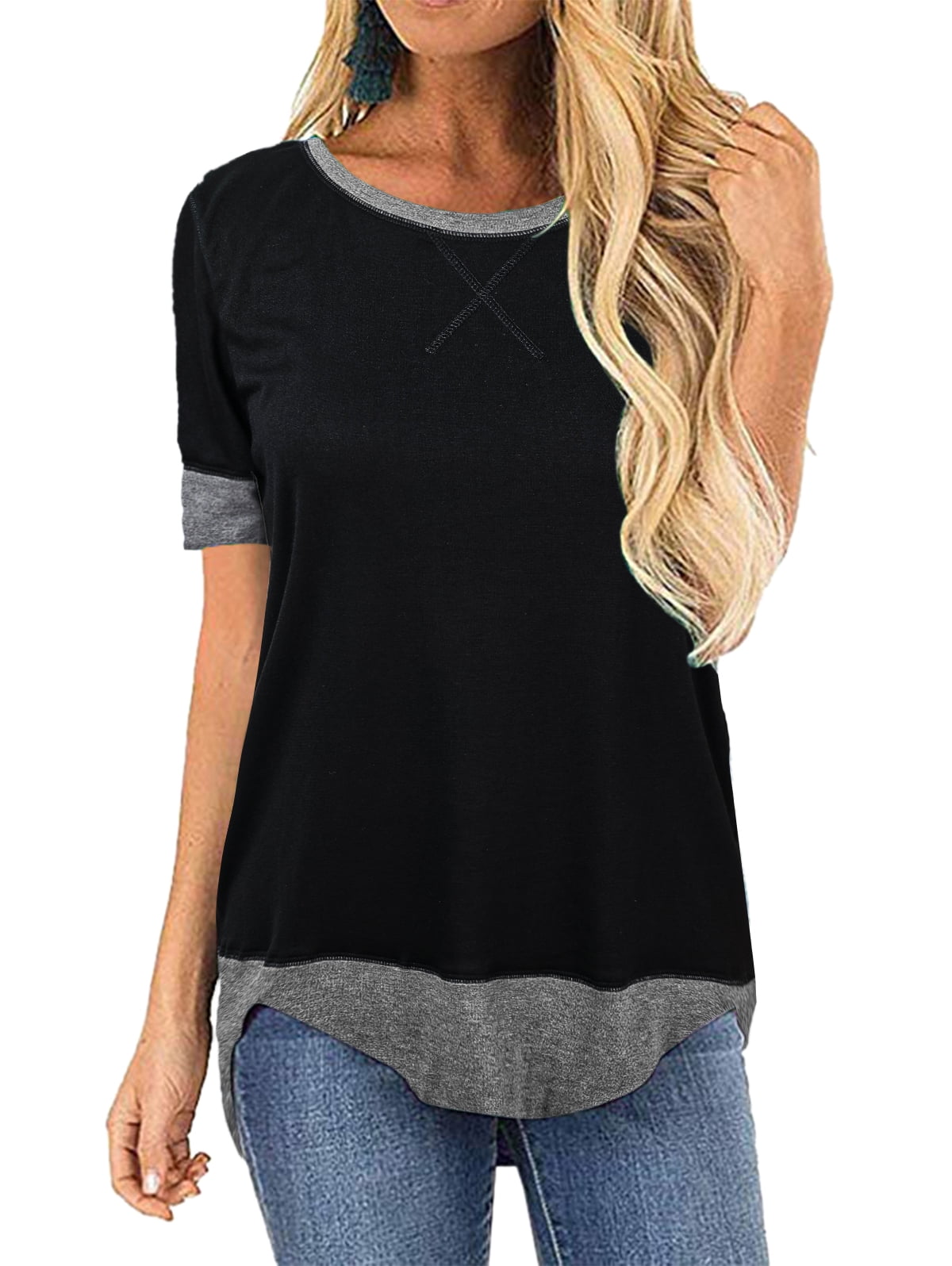 Shibever Womens Summer Tunic Top Short Sleeve Loose Fit Color Block