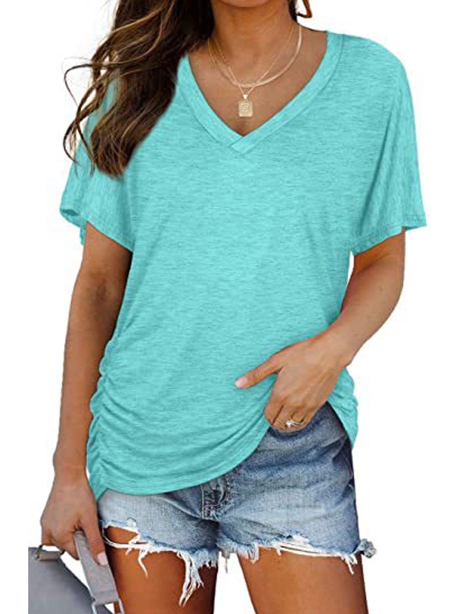 Shibever Womens V Neck Short Sleeve Tshirts Casual Tops Cute T Shirts