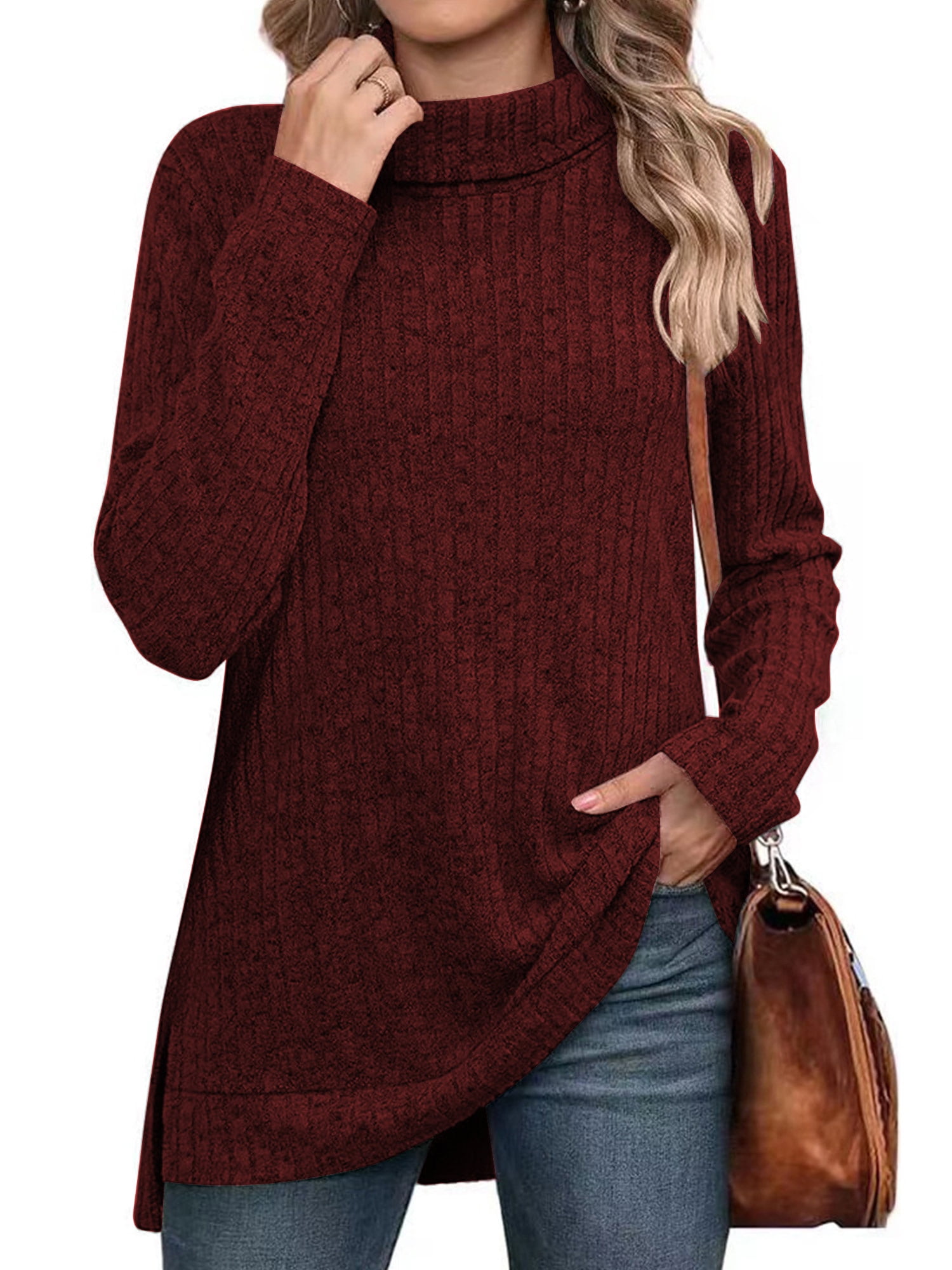 SHIBEVER Sweaters for Women Turtleneck Long Sleeve Tops Fall Side Split ...