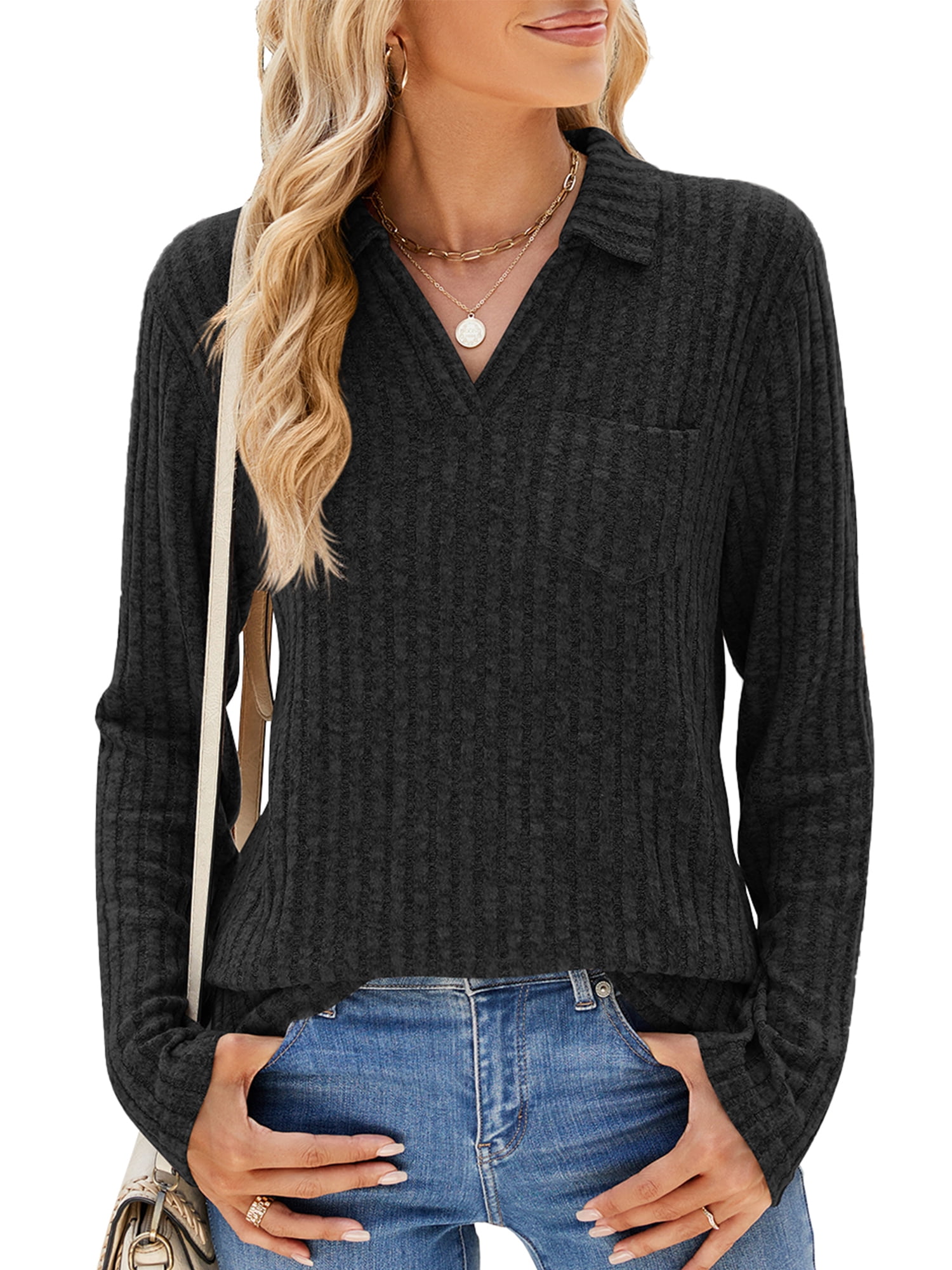 SHIBEVER Long Sleeve Sweaters for Women Fall Knit Loose Fit T Shirts V ...