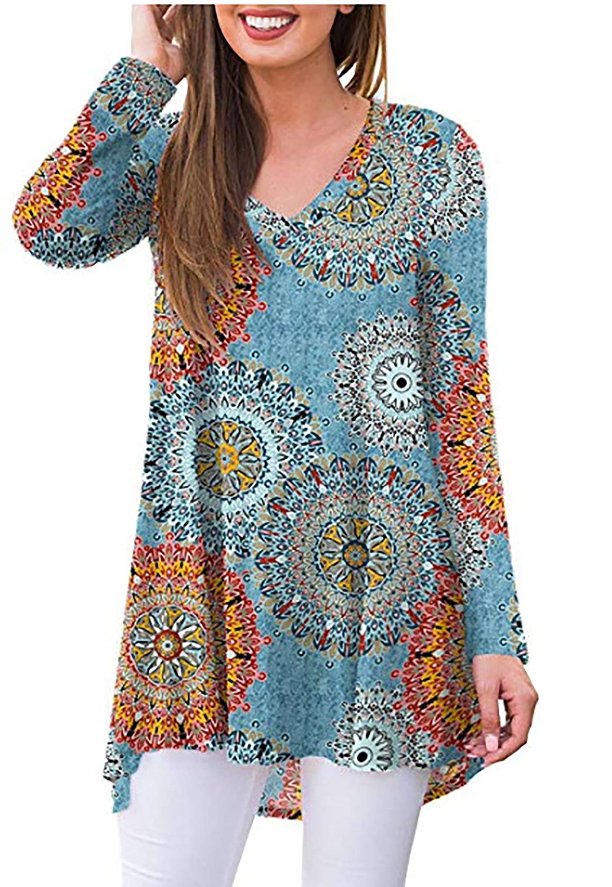 SHIBEVER Trendy Floral Print V-Neck Blouses For Women Casual Fall long ...