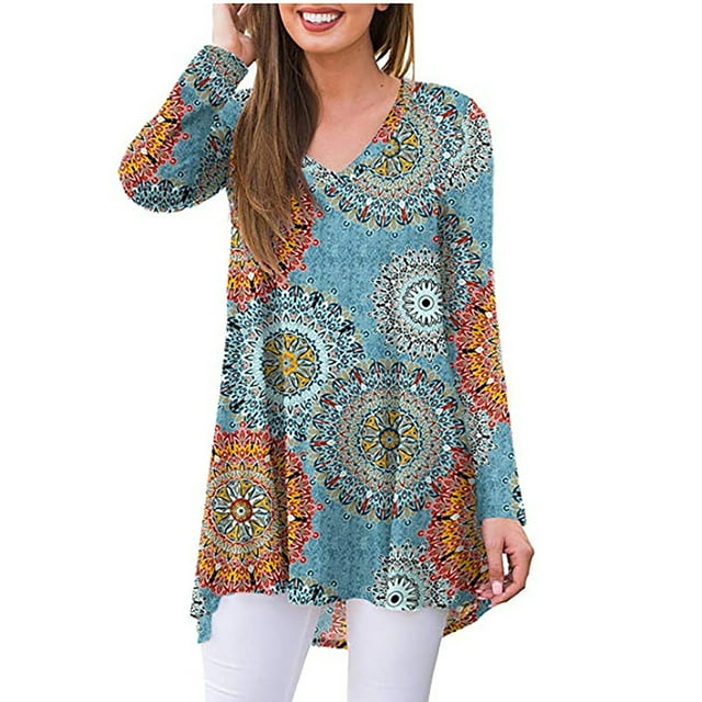 SHIBEVER Trendy Floral Print V-Neck Blouses For Women Casual Fall long ...
