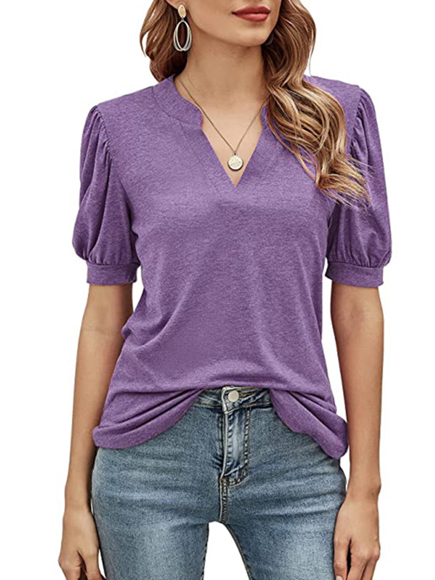 SHIBEVER Women Blouses Summer Casual Puff Short Sleeve Tops Comfy V ...