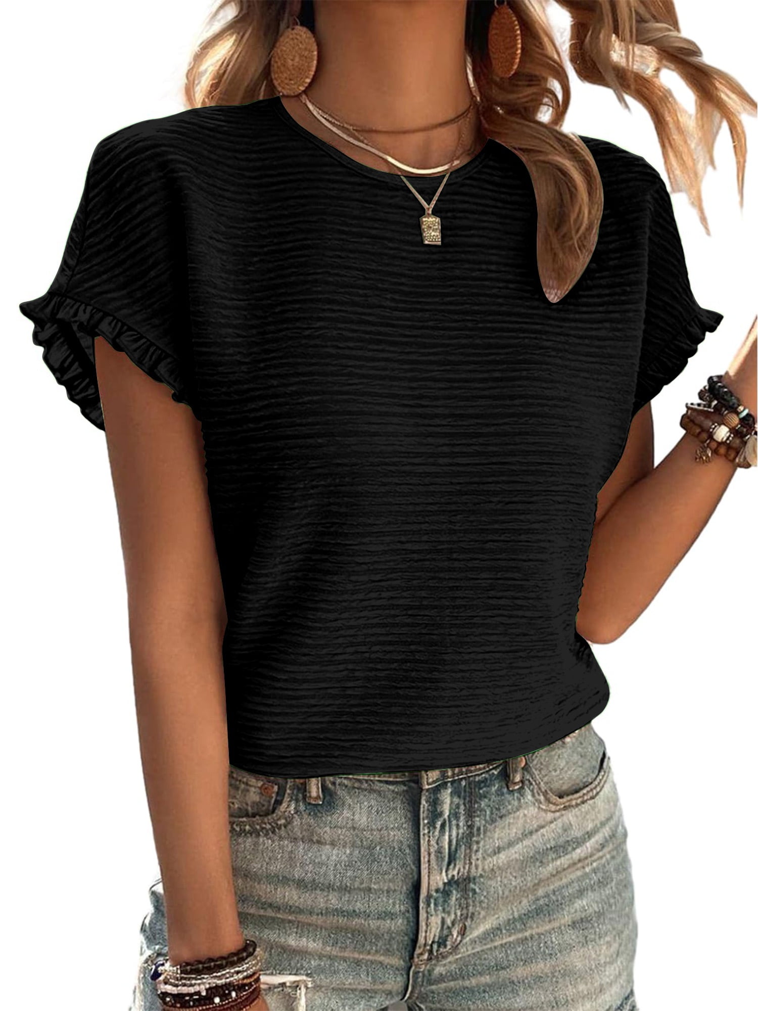 SHIBEVER Women Summer Tops Casual Round Neck Cap Short Sleeve Ruffle T ...