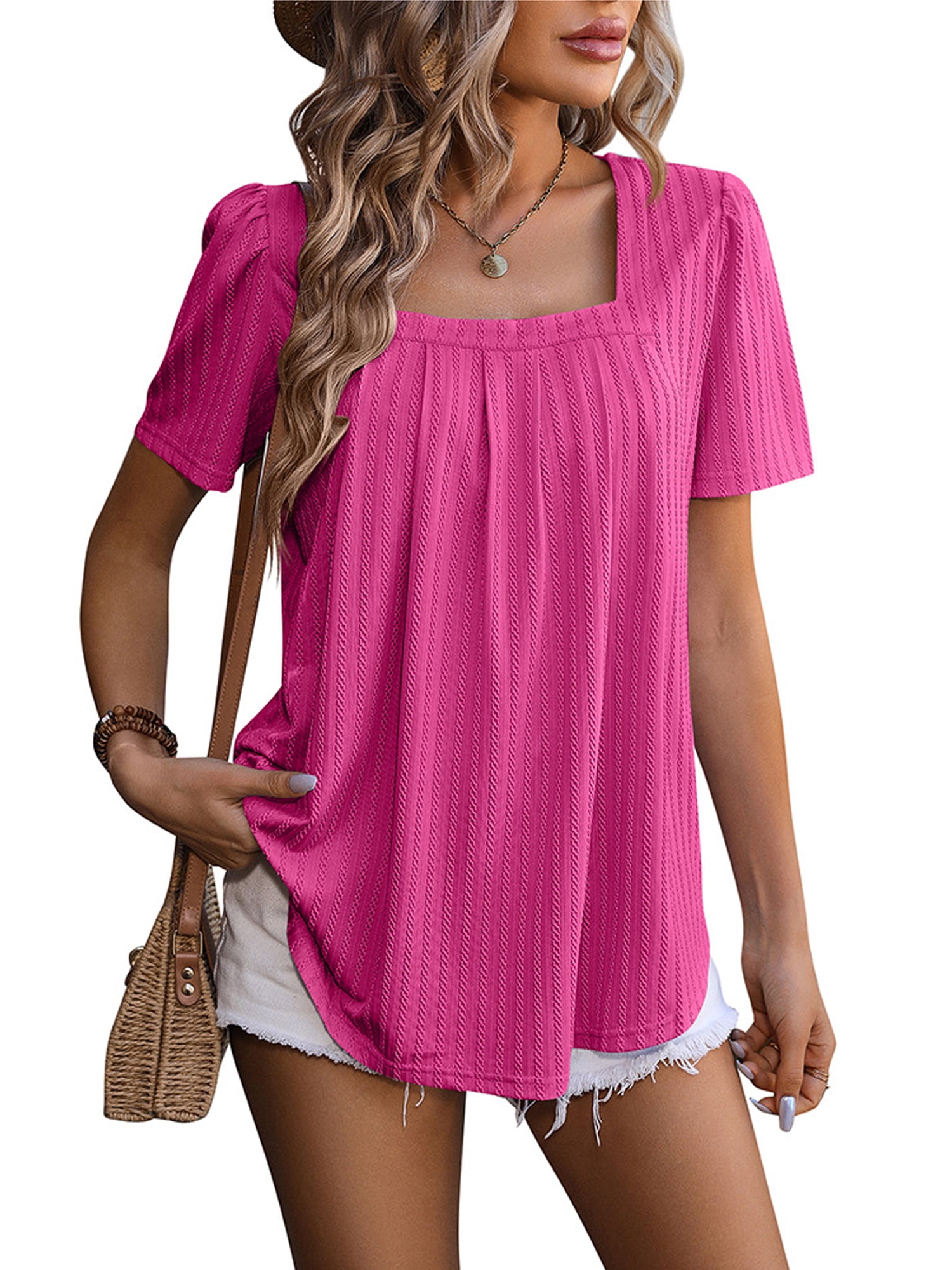 SHIBEVER Womens Tops Casual Spring Summer Tshirts Short Sleeve Square ...