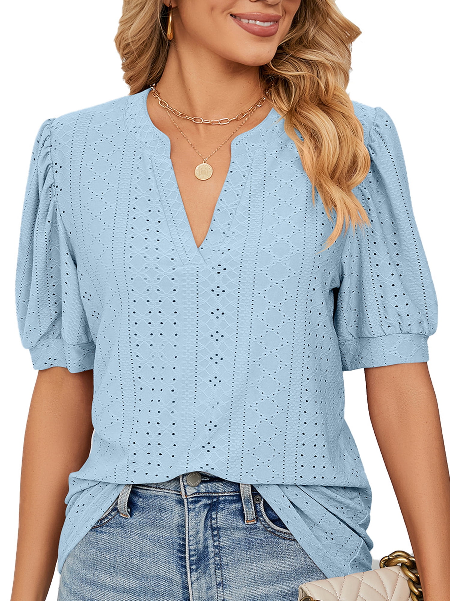 Shibever Womens Tops Summer V Neck Tops Puff Sleeve Tunic Casual