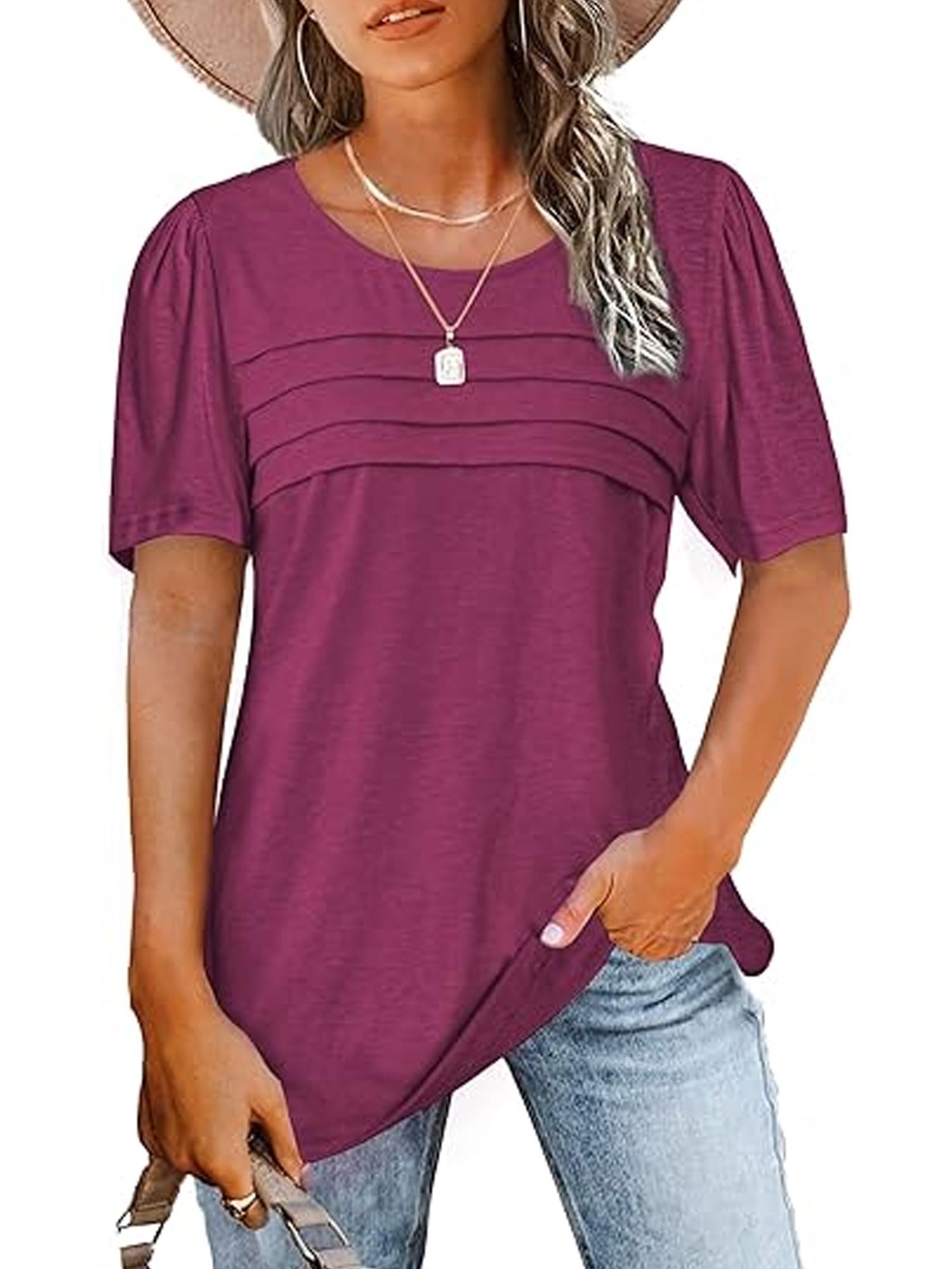 Shibever Women Summer Tops Trendy Crew Neck Casual Short Sleeve Blouse