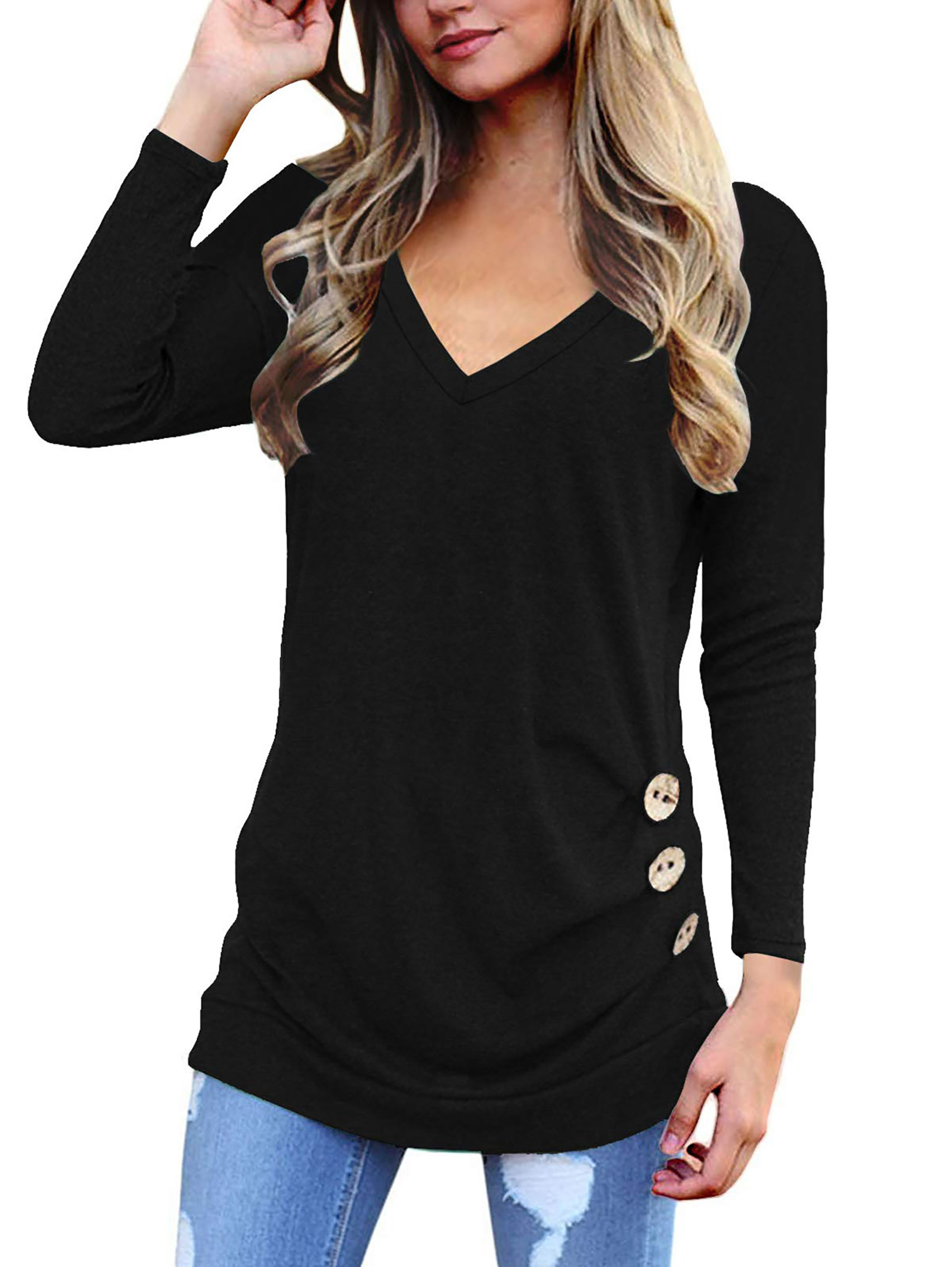SHIBEVER Women Tops Fall Long Sleeve Tunics Tops Fashion Casual V Neck ...