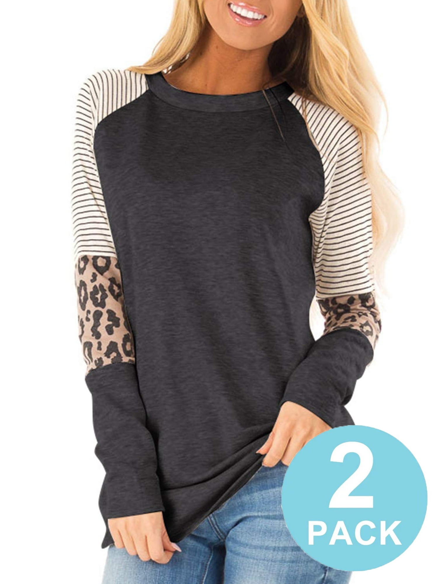 SHIBEVER Women's Long Sleeve Leopard Print Tops, Round Neck Casual Fall ...