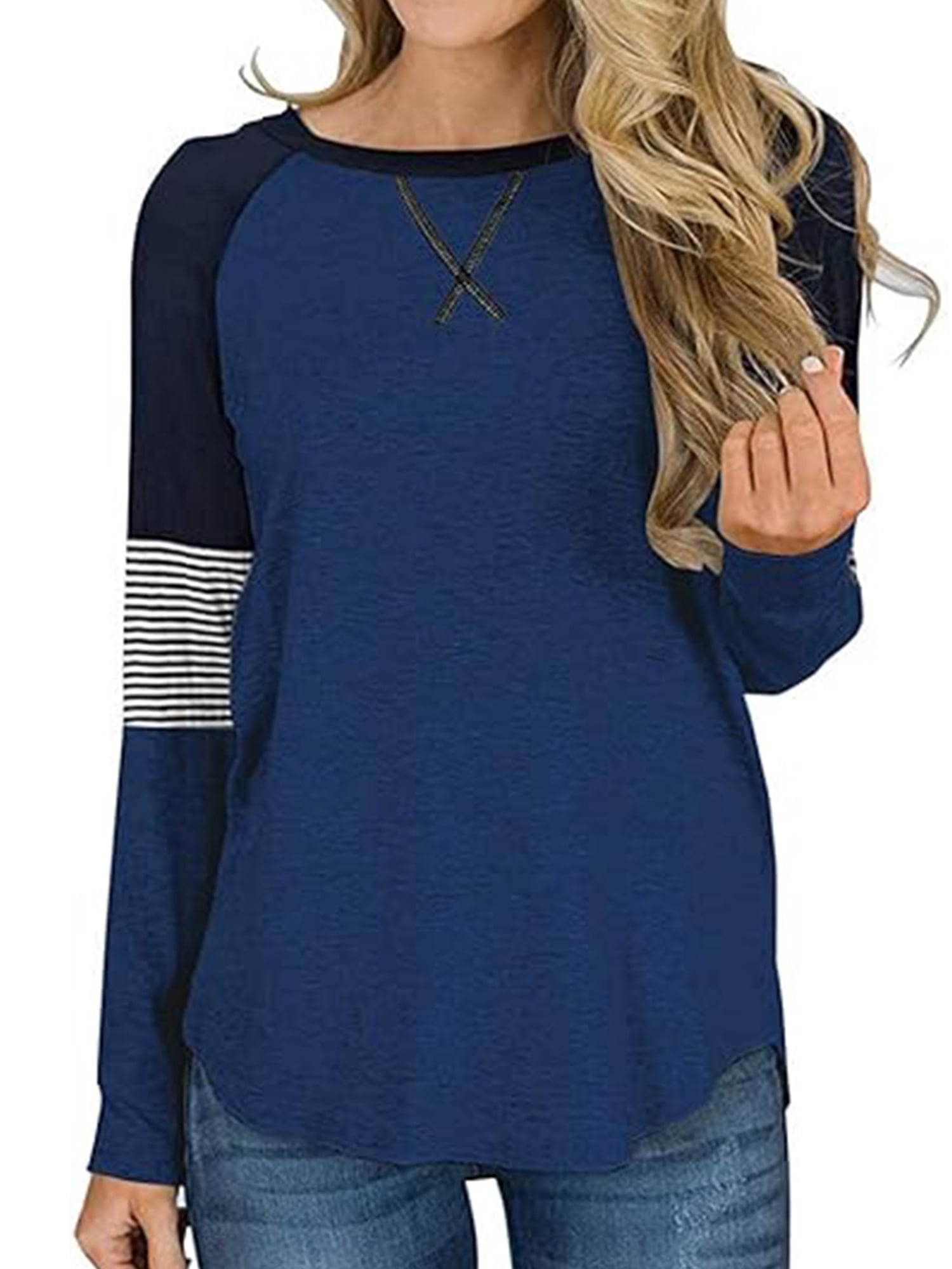 SHIBEVER Women's Striped Print Color Block Tops Round Neck Long Sleeve ...