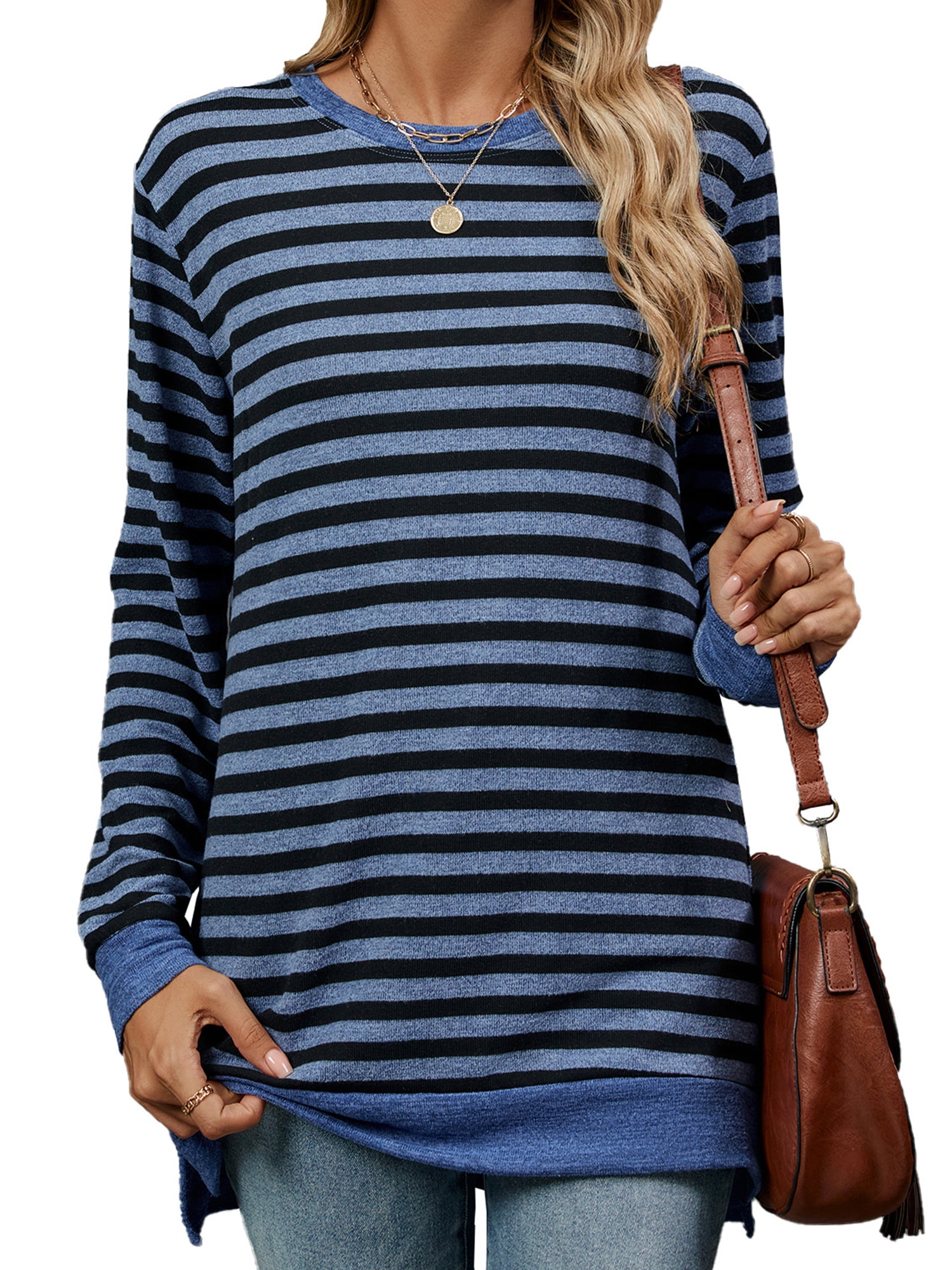 SHIBEVER Womens Striped tops plus size Crew neck Pullovers long sleeve ...