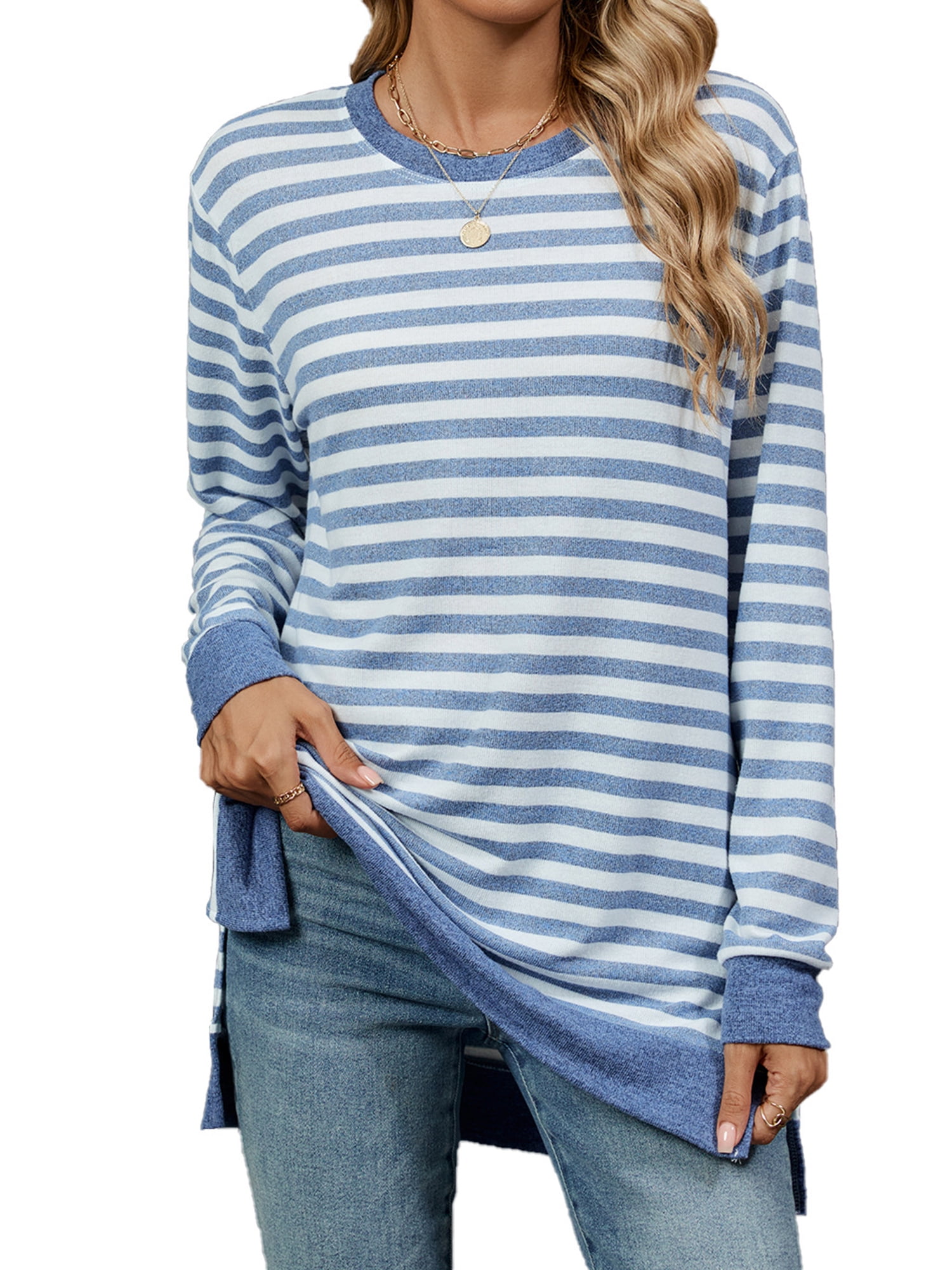 SHIBEVER Womens Striped tops plus size Crew neck Pullovers long sleeve ...