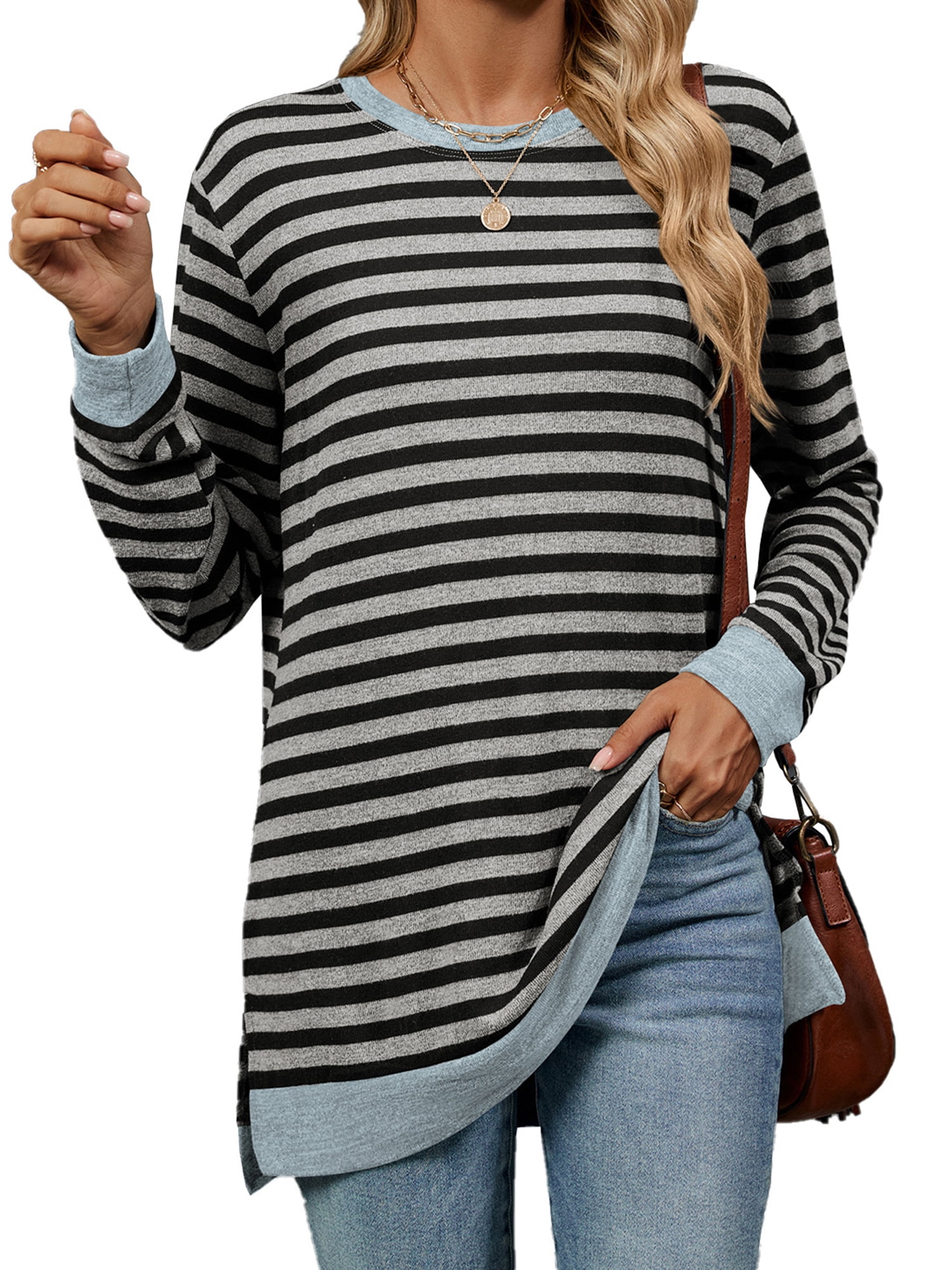 SHIBEVER Womens long shirt Striped Pullovers Crewneck long sleeve shirt ...