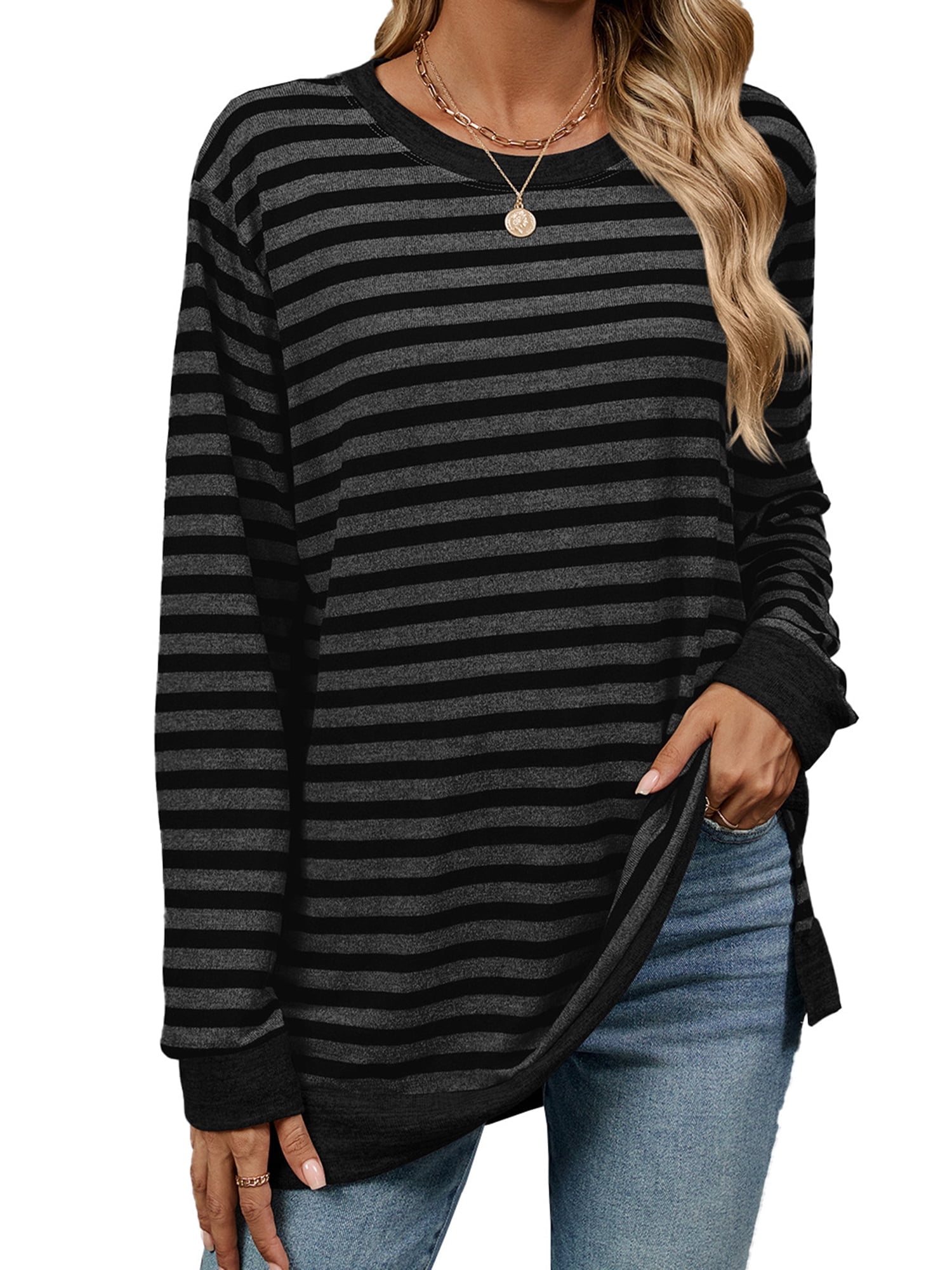 SHIBEVER Womens Striped tops plus size Crew neck Pullovers long sleeve ...