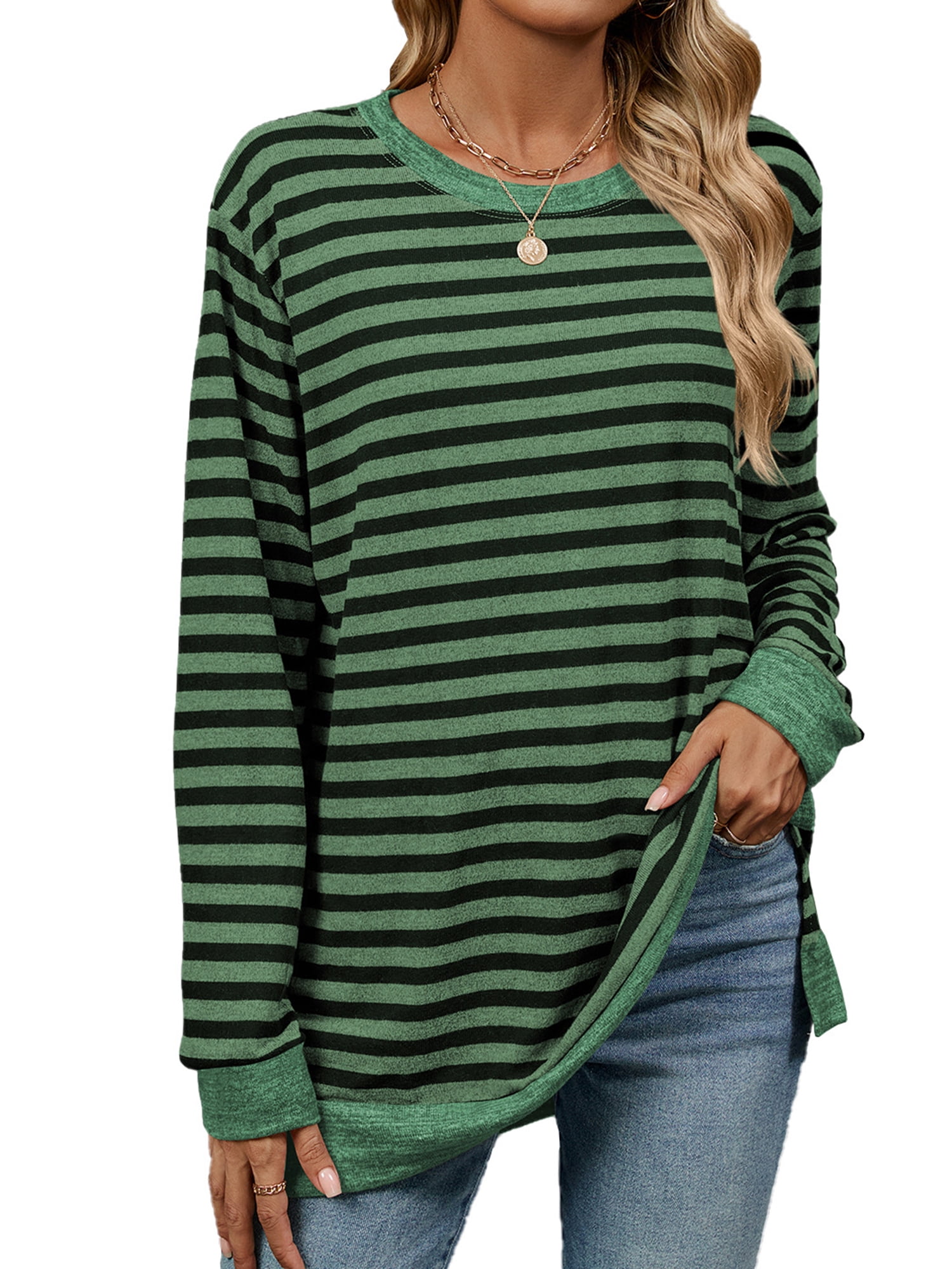 SHIBEVER Womens long sleeve tops Striped sweater plus size Crewneck ...