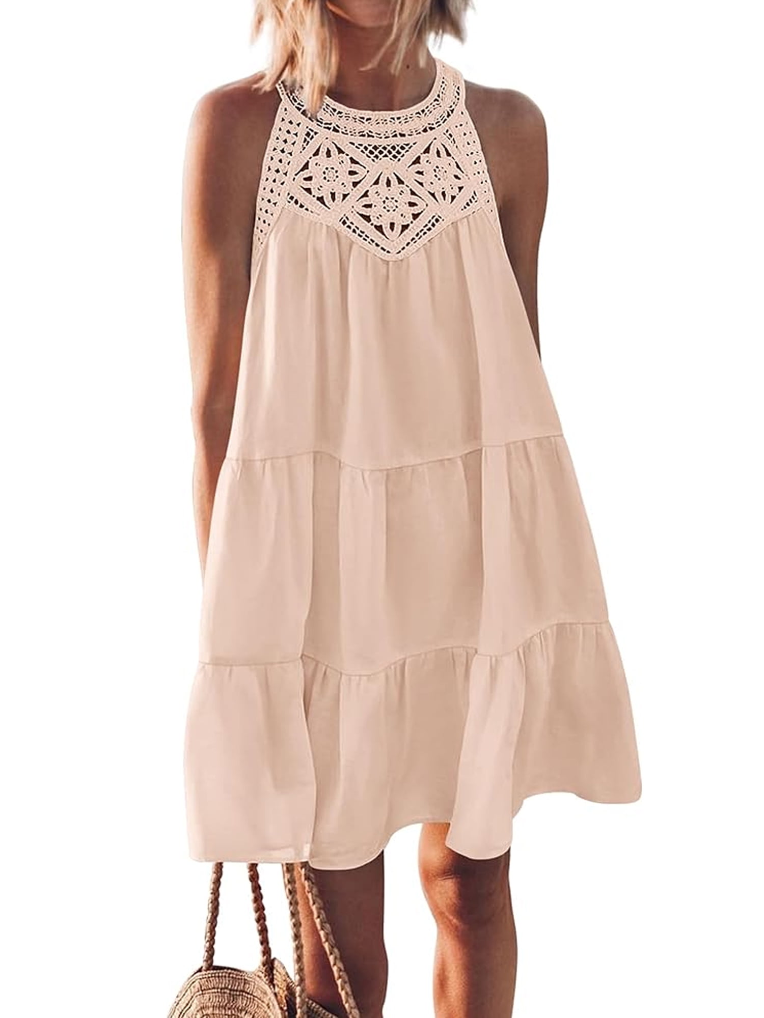 SHIBEVER Womens Summer Casual Hollow Out Halter Sleeveless A-Line ...