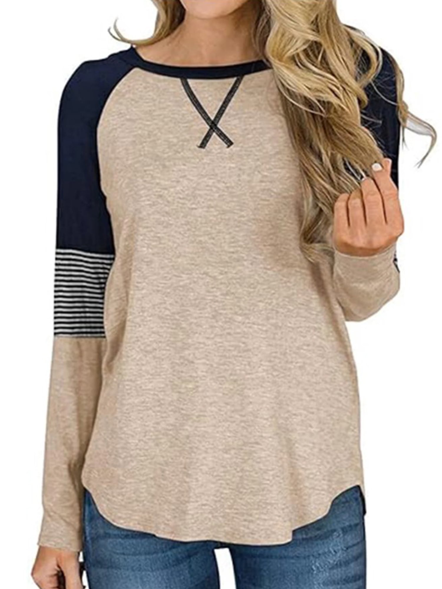 SHIBEVER Womens Fall Tops Long Sleeve Tunic Tops Loose Striped Print T ...