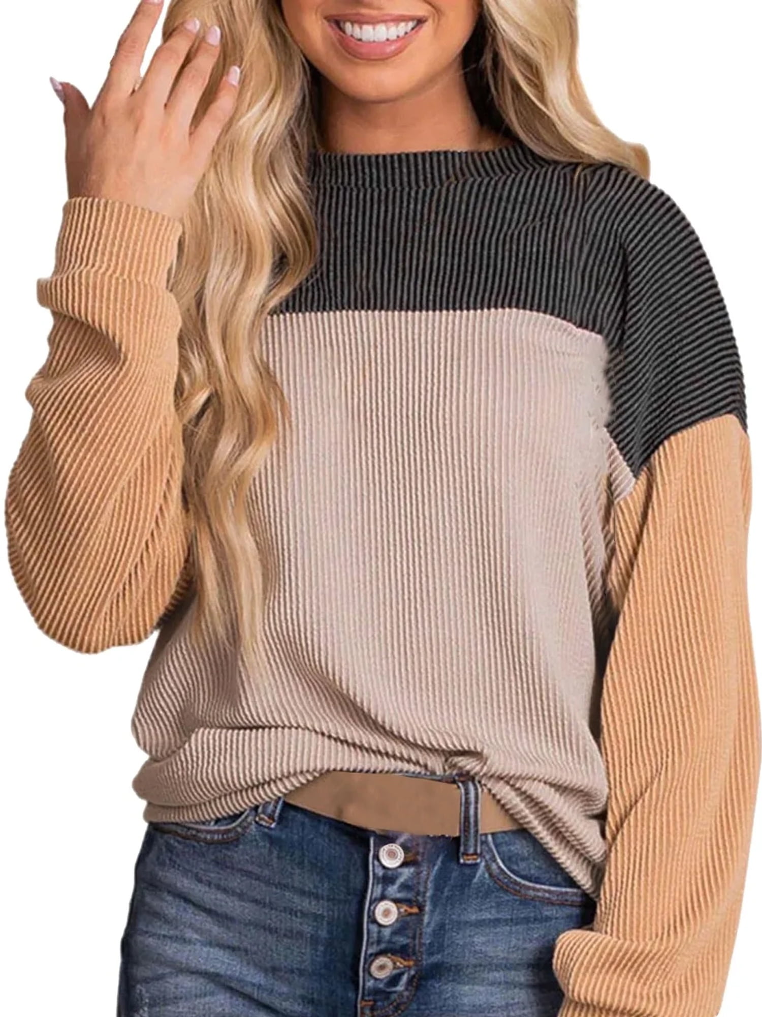 SHIBEVER Womens Long Sleeve Tops Crewneck Shirts Casual Knitted Ribbed ...