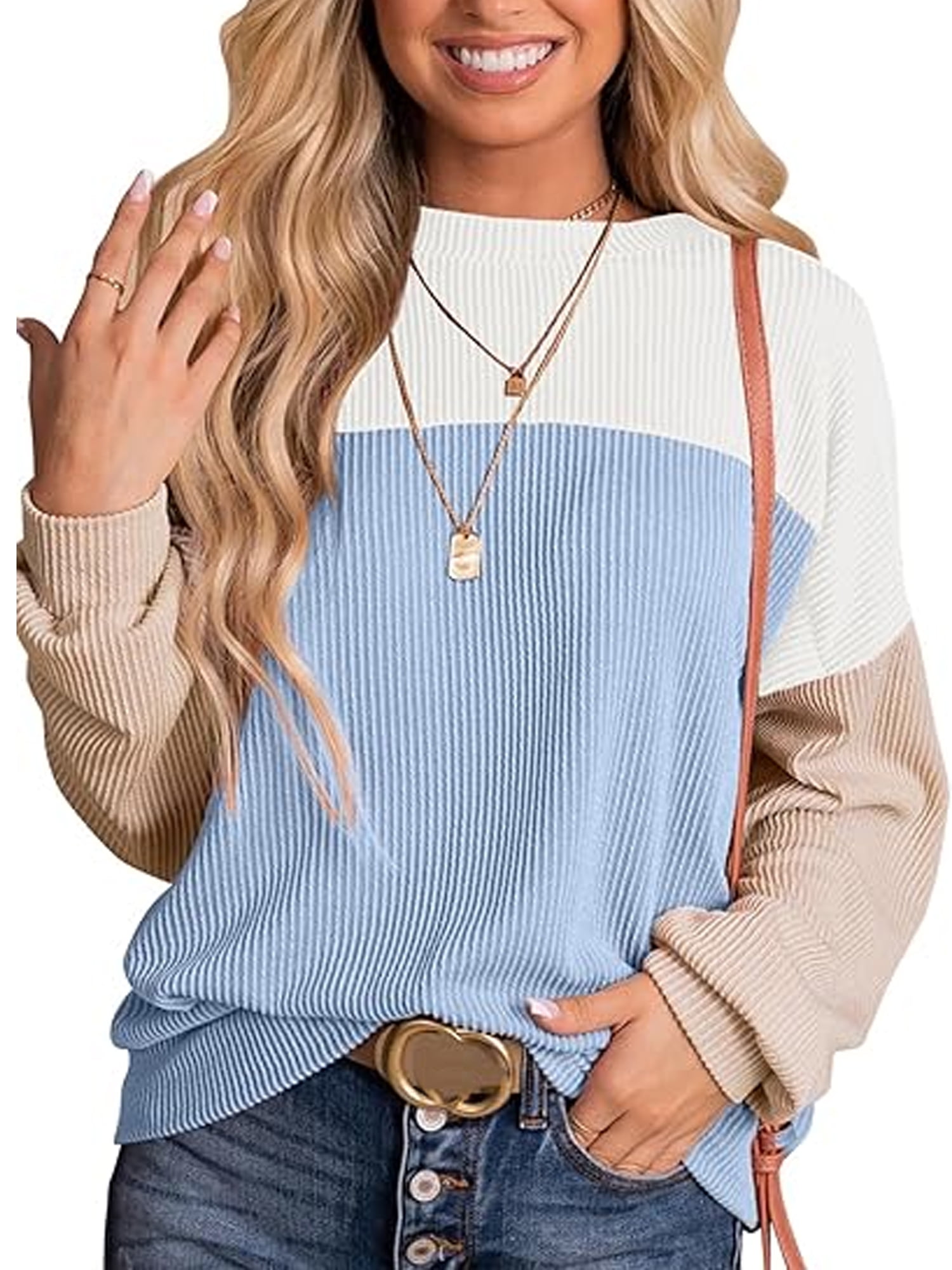 SHIBEVER Women Long Sleeve Tops Color Block Round Neck Shirts Casual ...