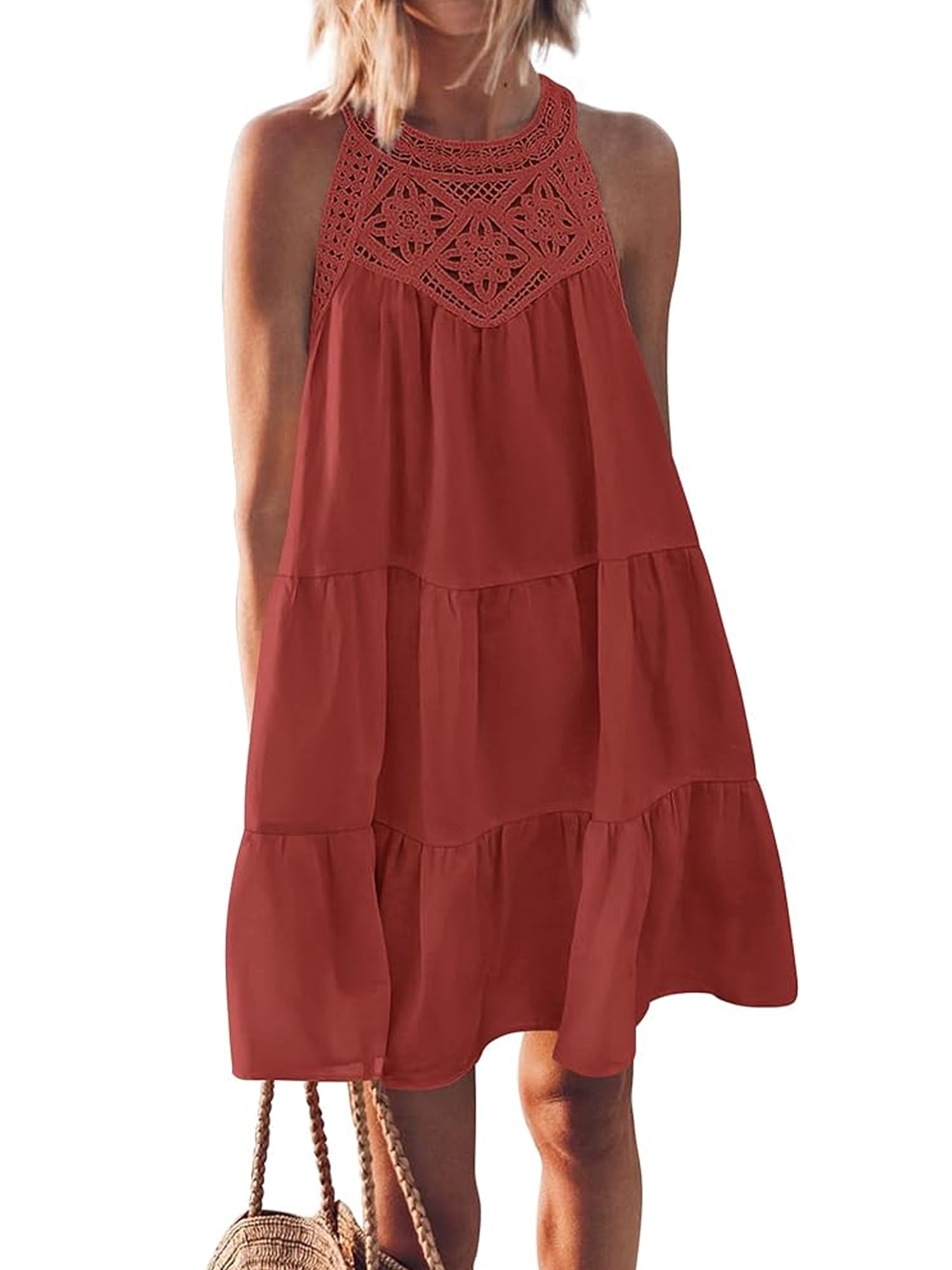 SHIBEVER Womens Halter Dresses for Summer Sleeveless A-Line Tiered ...