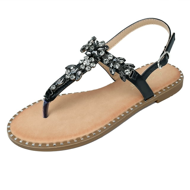 SHIBEVER Womens Sandals Rhinestone Gladiator Flat Jeweled Sandals Thong ...
