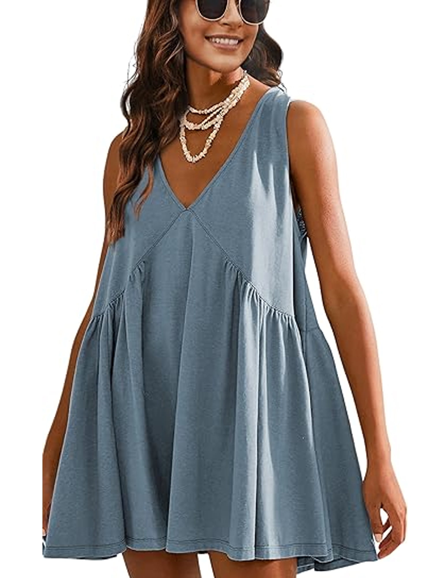 SHIBEVER Womens Summer Sleeveless Mini Dress Casual Loose V Neck ...