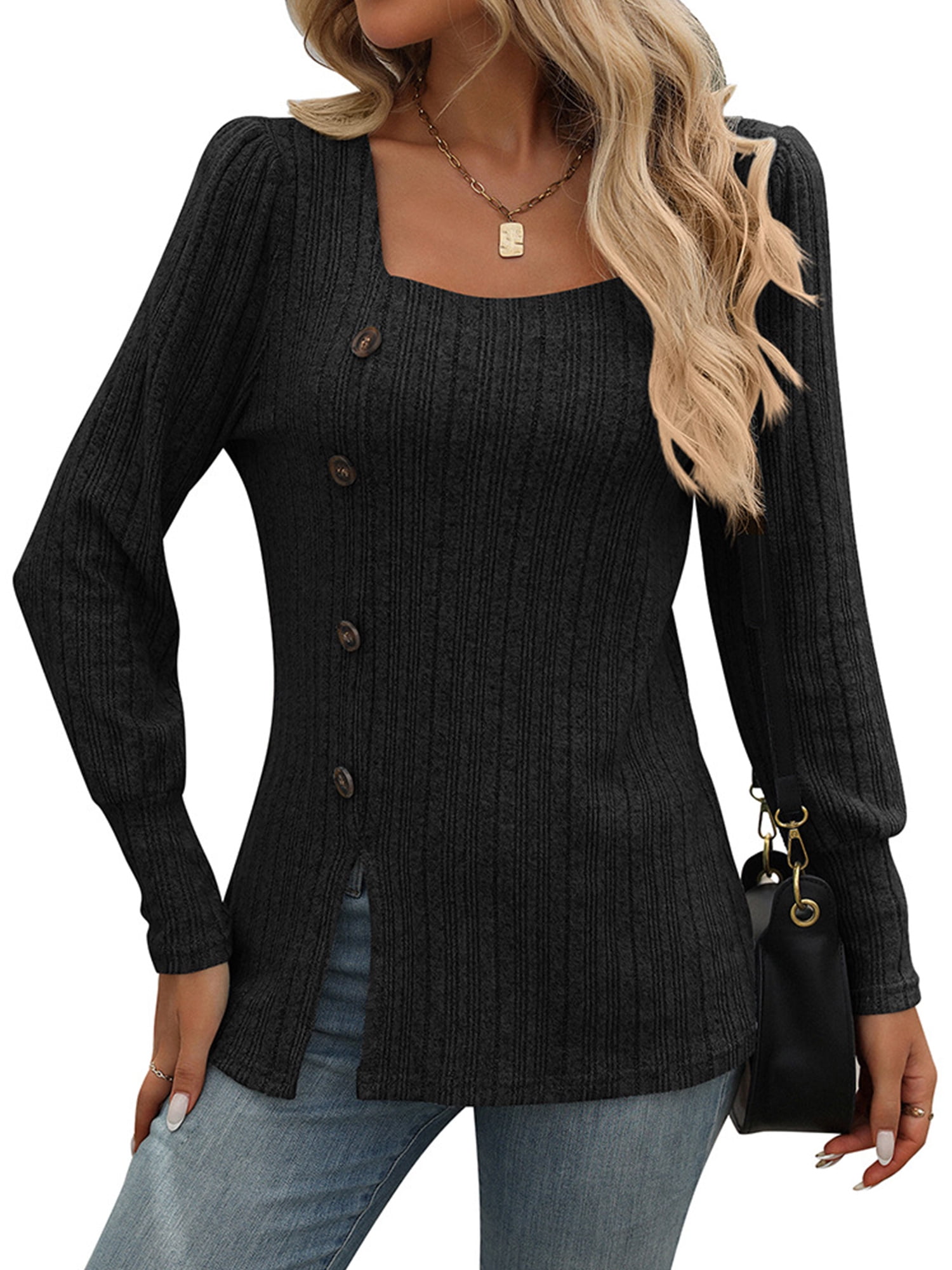 SHIBEVER Womens Sweaters Long Sleeve Tops Lightweight Square Neck ...