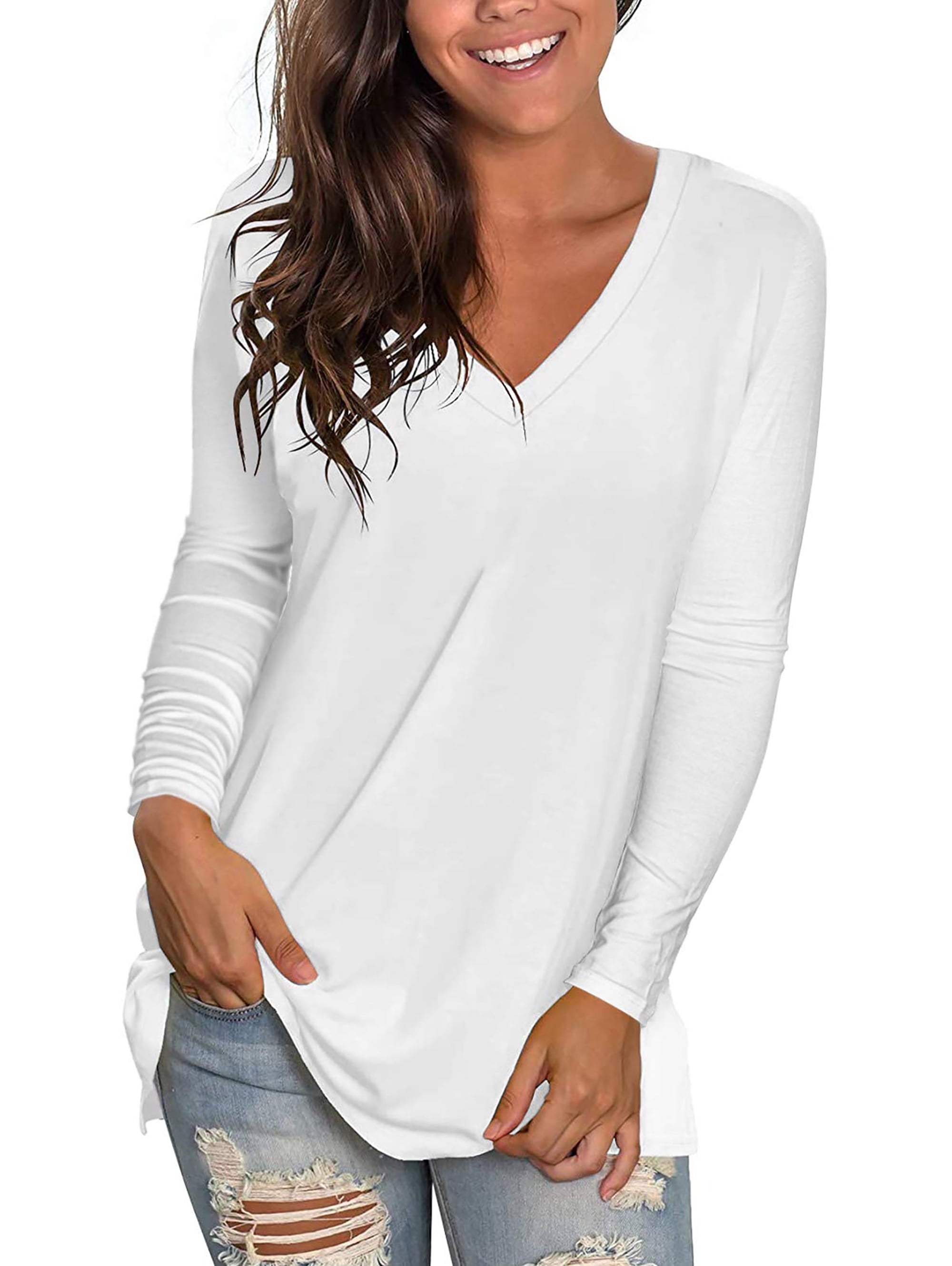 SHIBEVER Womens Top Fall Long Sleeve T Shirts Casual V Neck Tops Dressy ...