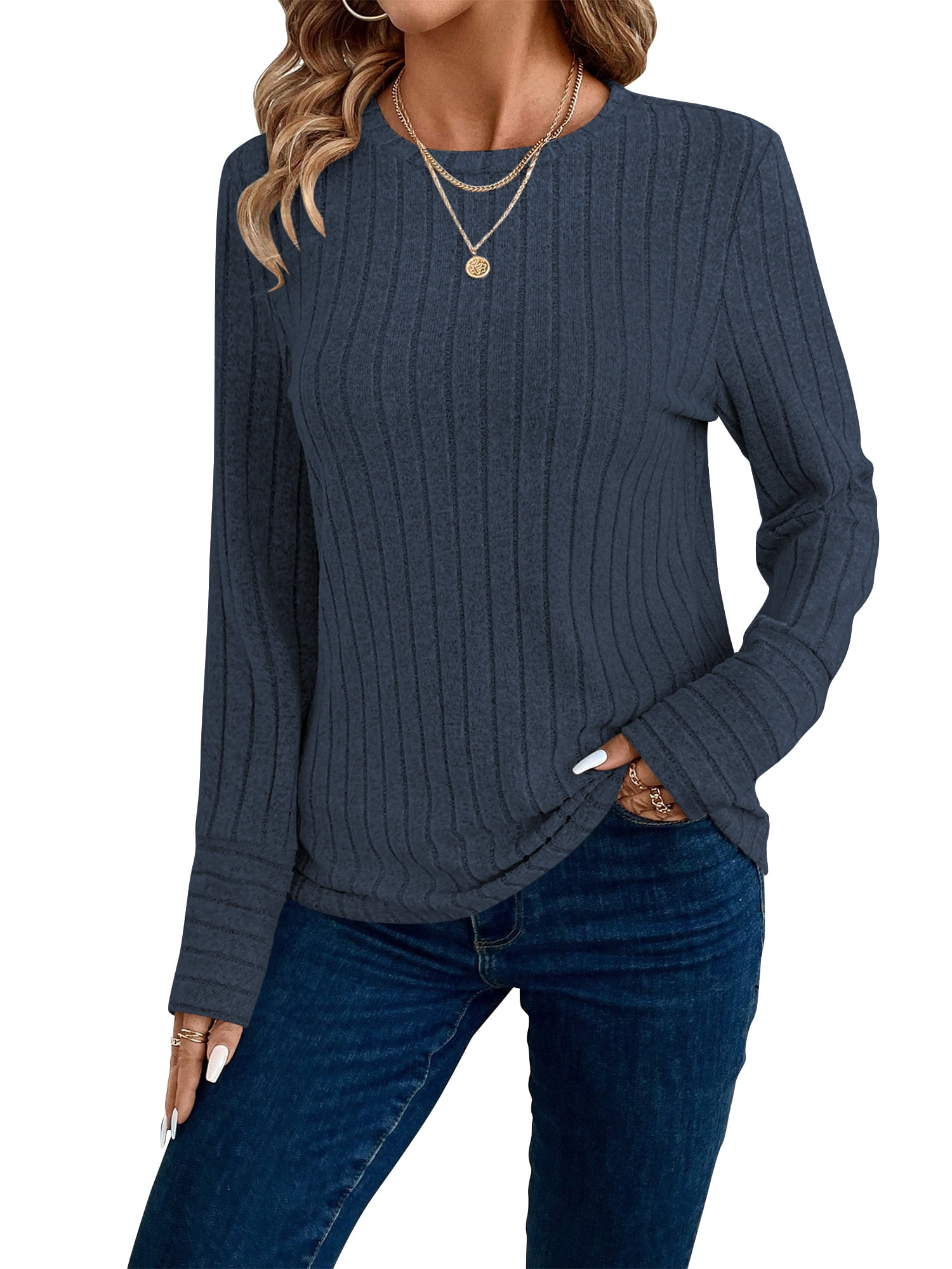 SHIBEVER Womens Tops Fall Long Sleeve Shirts for Women Round Neck ...