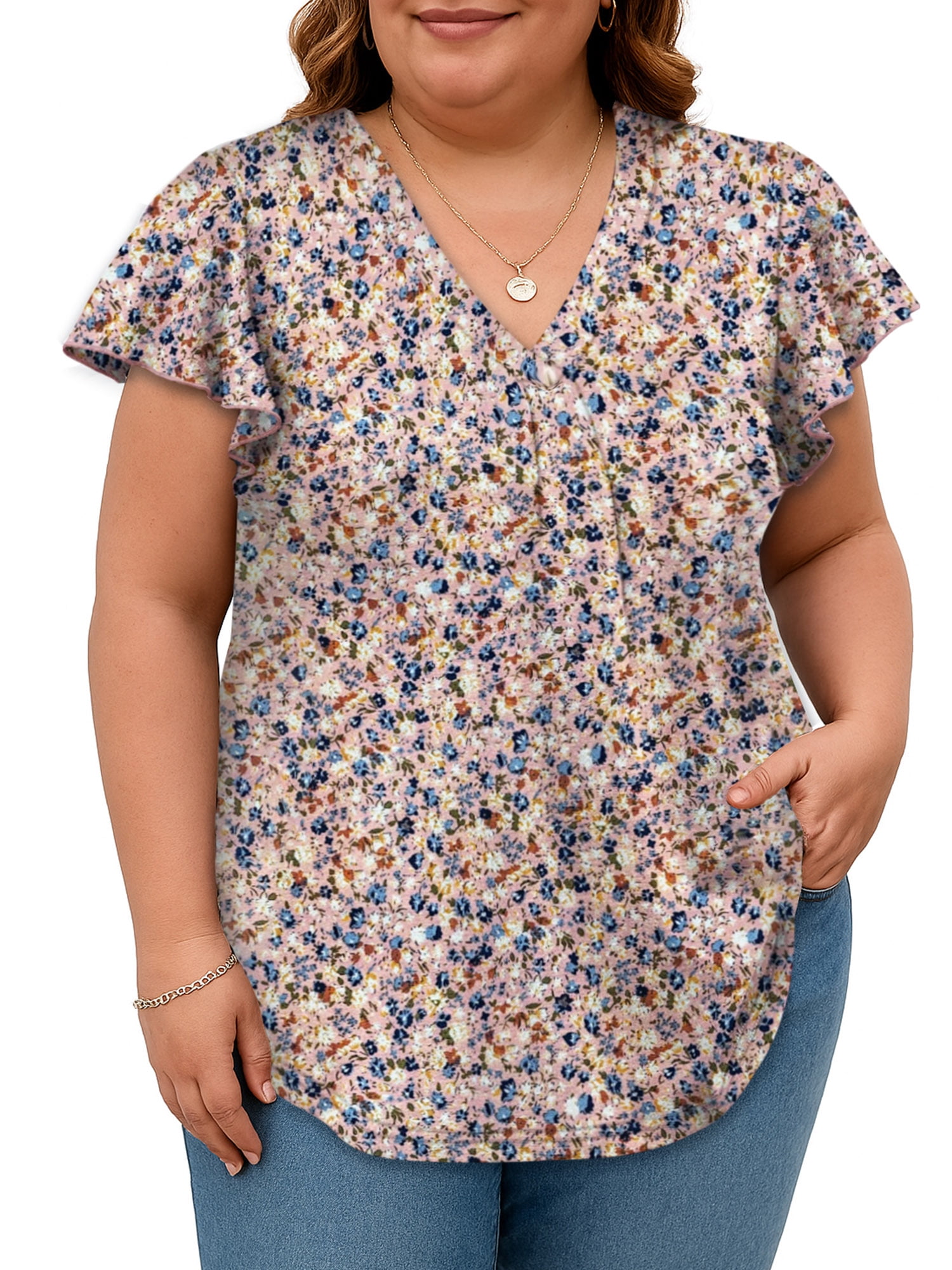 SHIBEVER Womens Tops Short Sleeve Plus Size Summer Floral Top V Neck ...