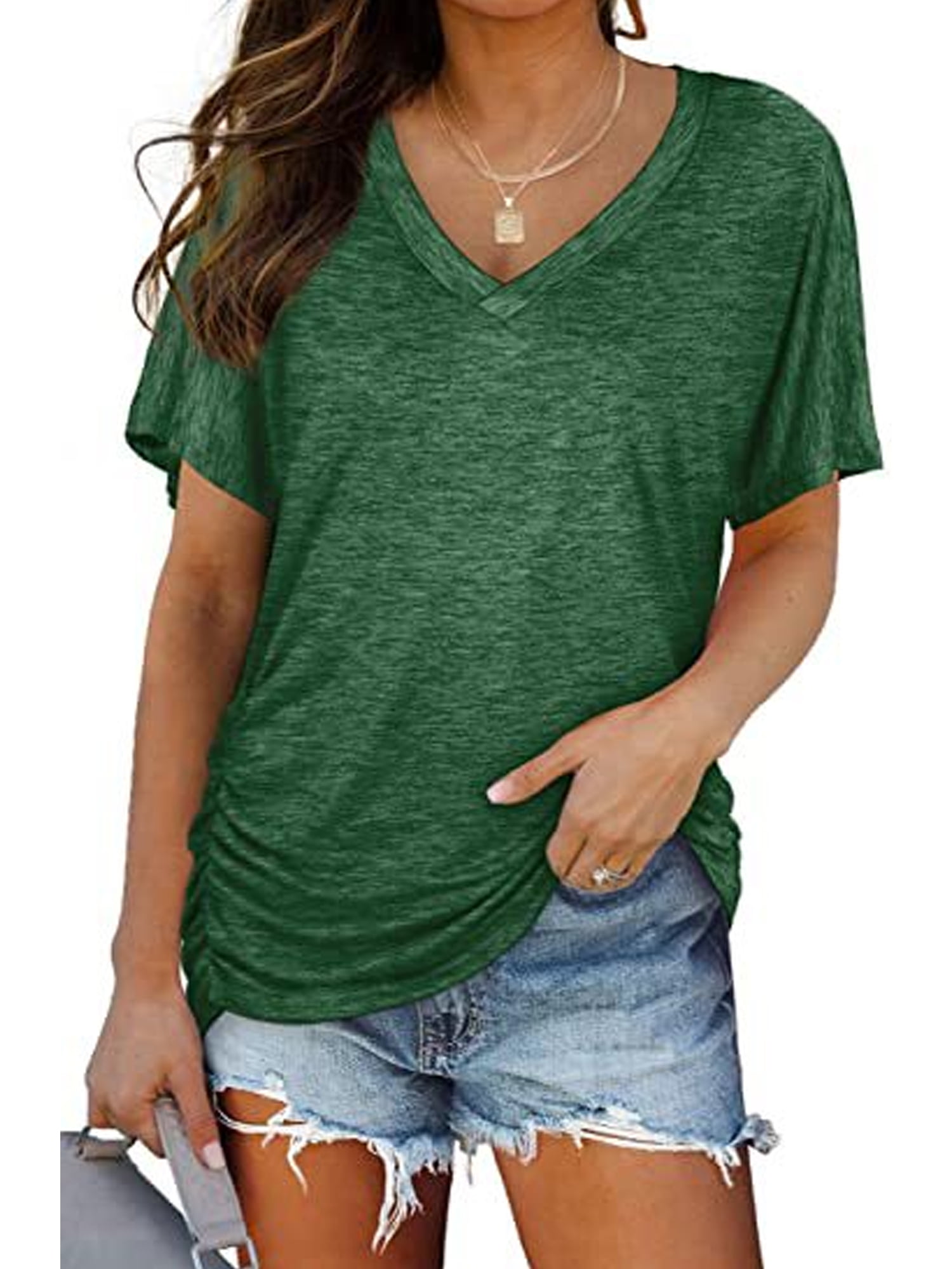 SHIBEVER Womens Tops Short Sleeve V Neck T Shirts with Side Shirring ...