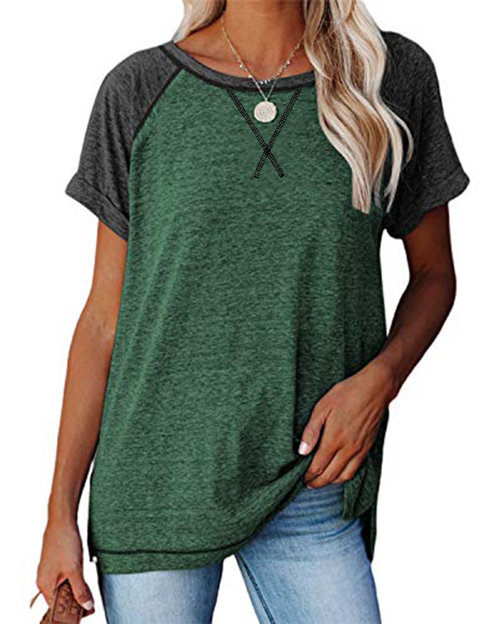 SHIBEVER Womens Summer Tops, Short Sleeve Tunic, Striped Loose Fit T-Shirt, Green, Size L ...