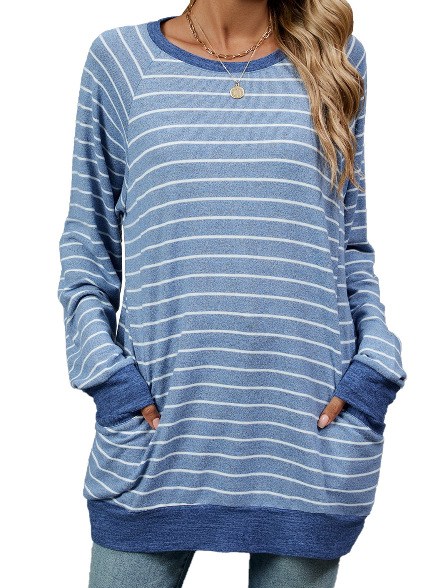 SHIBEVER Womens tunic Tops plus size pullover Long Sleeve Stripe Shirts ...