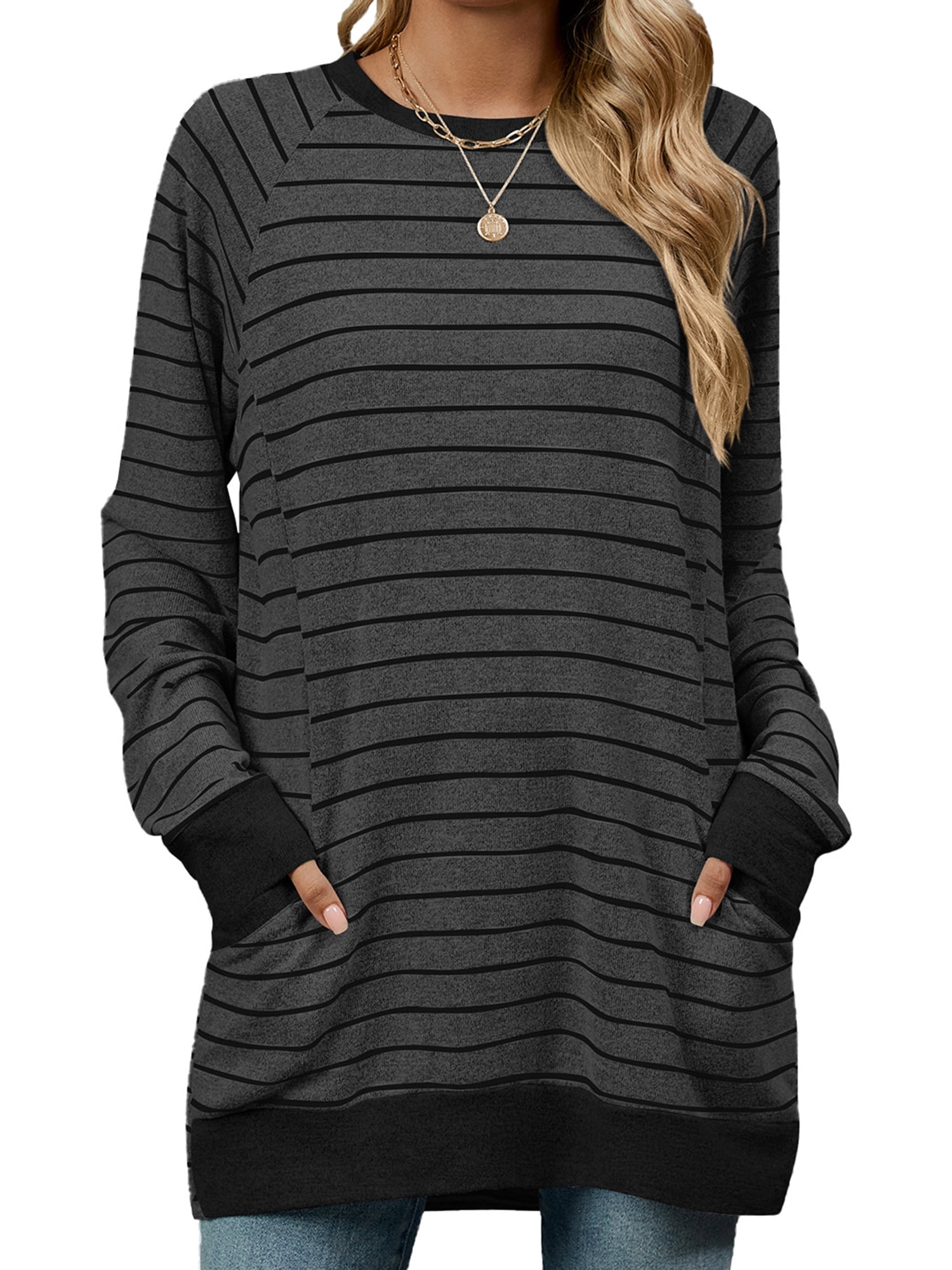 SHIBEVER Womens tunic Tops plus size pullover Long Sleeve Stripe Shirts ...