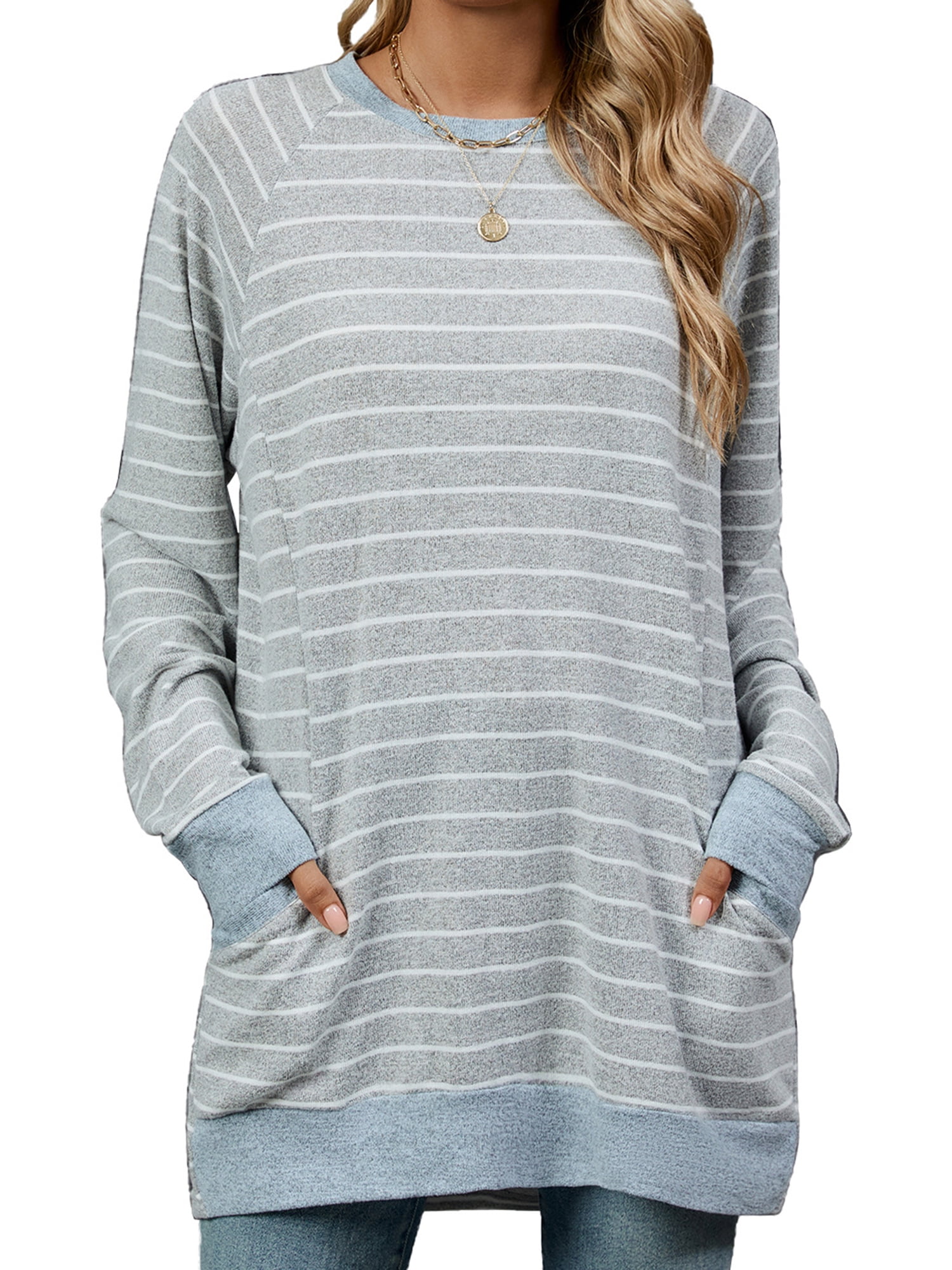 SHIBEVER Womens tunic Tops plus size pullover Long Sleeve Stripe Shirts ...
