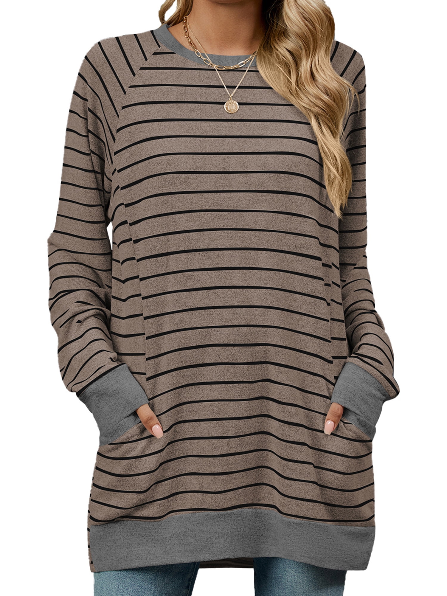 SHIBEVER Womens long sleeve tops Stripe plus size sweater pullover ...