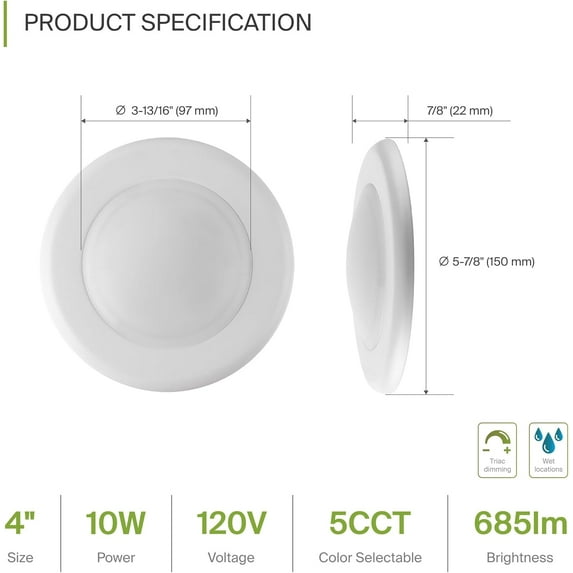 SHILIU-1 Pack LED Disk Lights 4 Inch, 10W 5CCT 2700K-5000K 685LM CRI90 ...